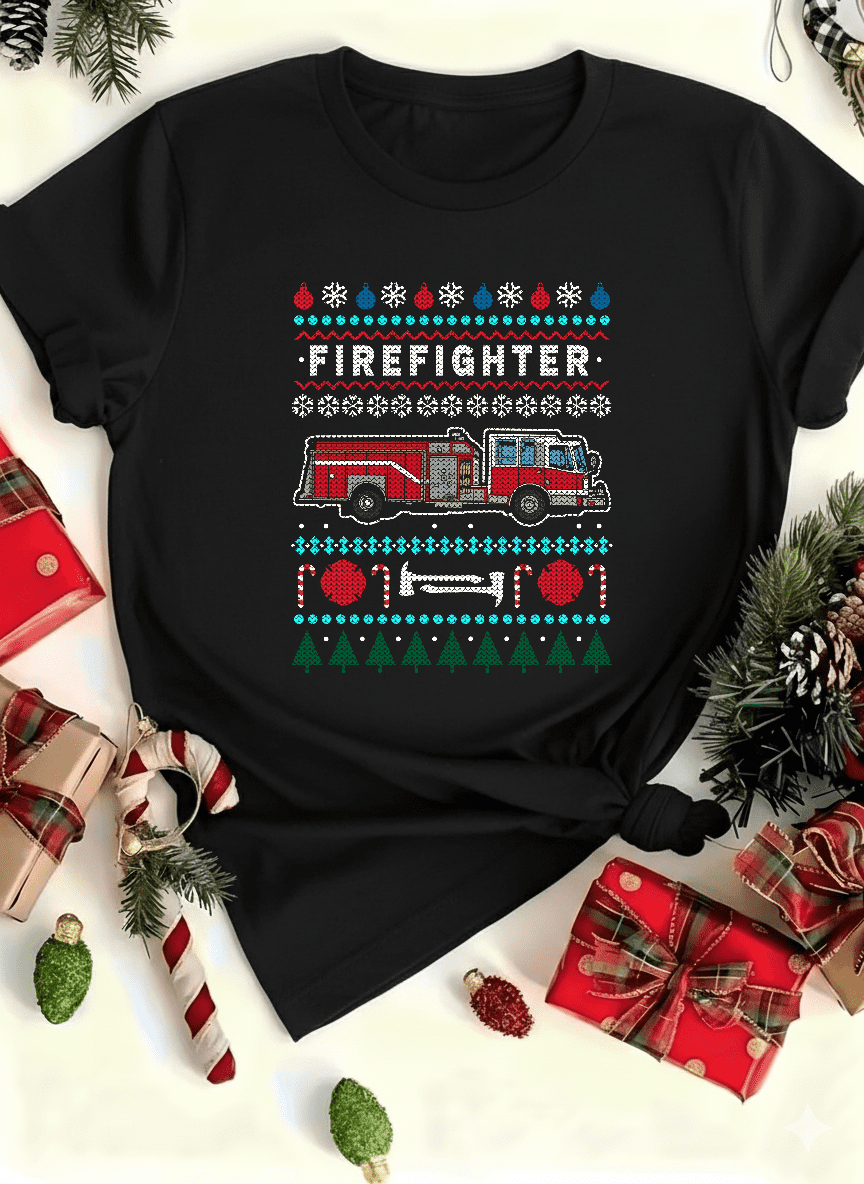 Holiday Firehouse Fun Firefighter Ugly Sweater Retro Humor Unisex T ...