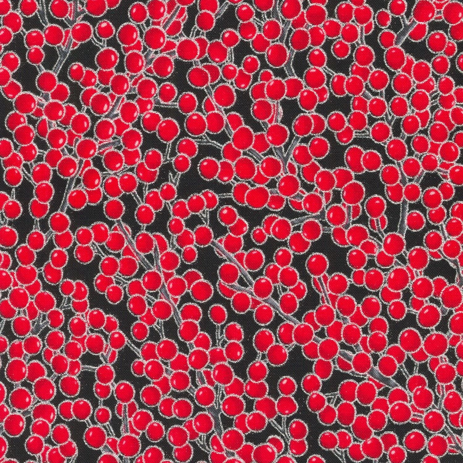 Holiday Flourish Snow Flower Christmas Berries Silver Onyx Cotton ...