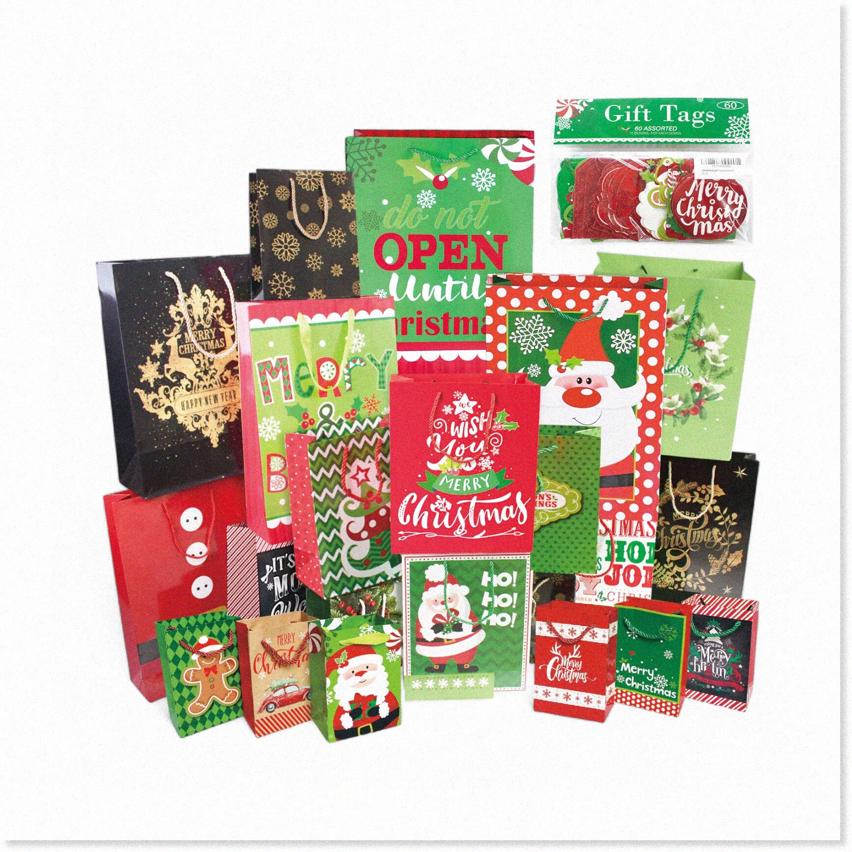 Holiday Gift Wrap Bundle: 24 Bulk Paper Bags with Handles & 60 Assorted ...