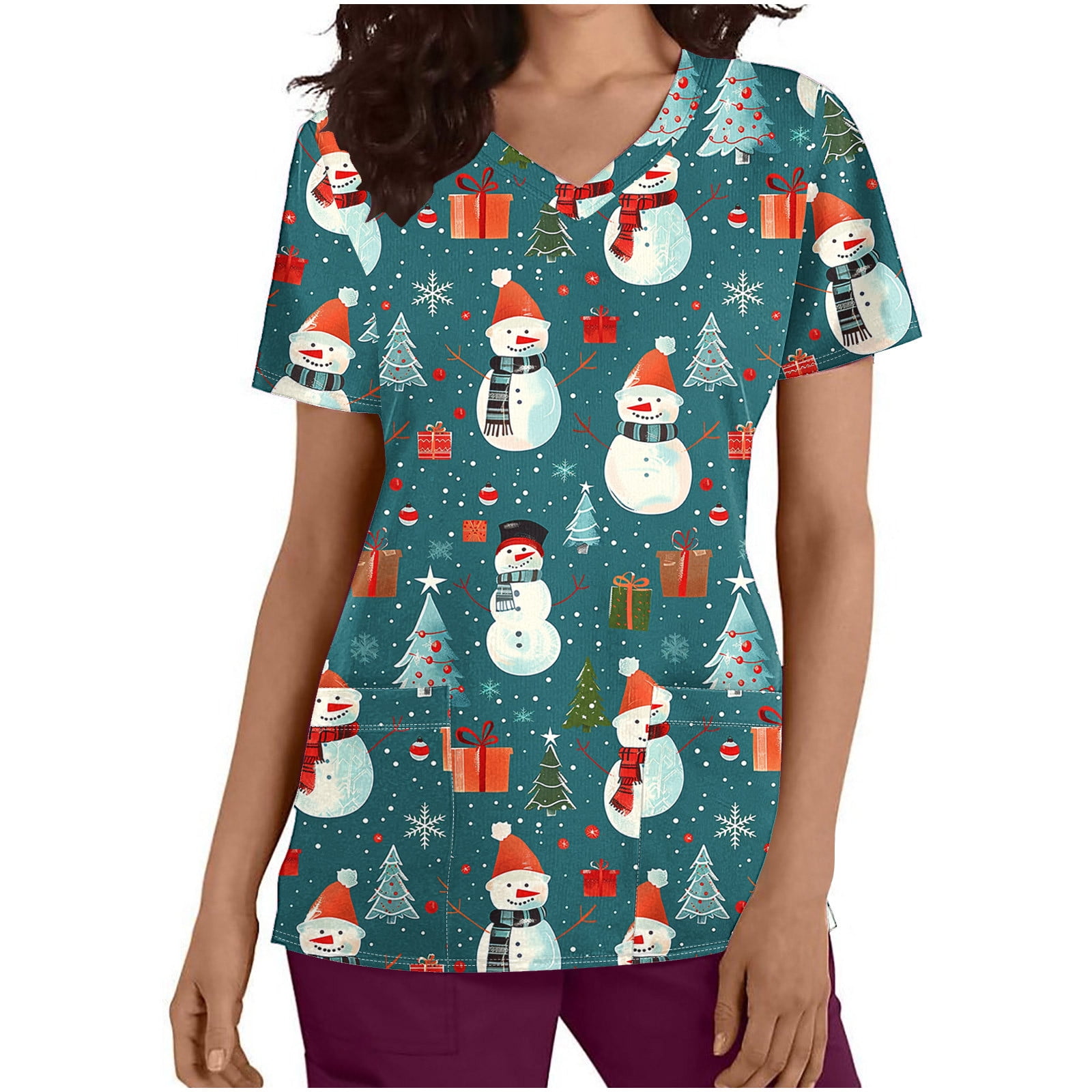 Holiday Gifts! Titcea Christmas Scrub Tops for Women Stretchy V Neck ...