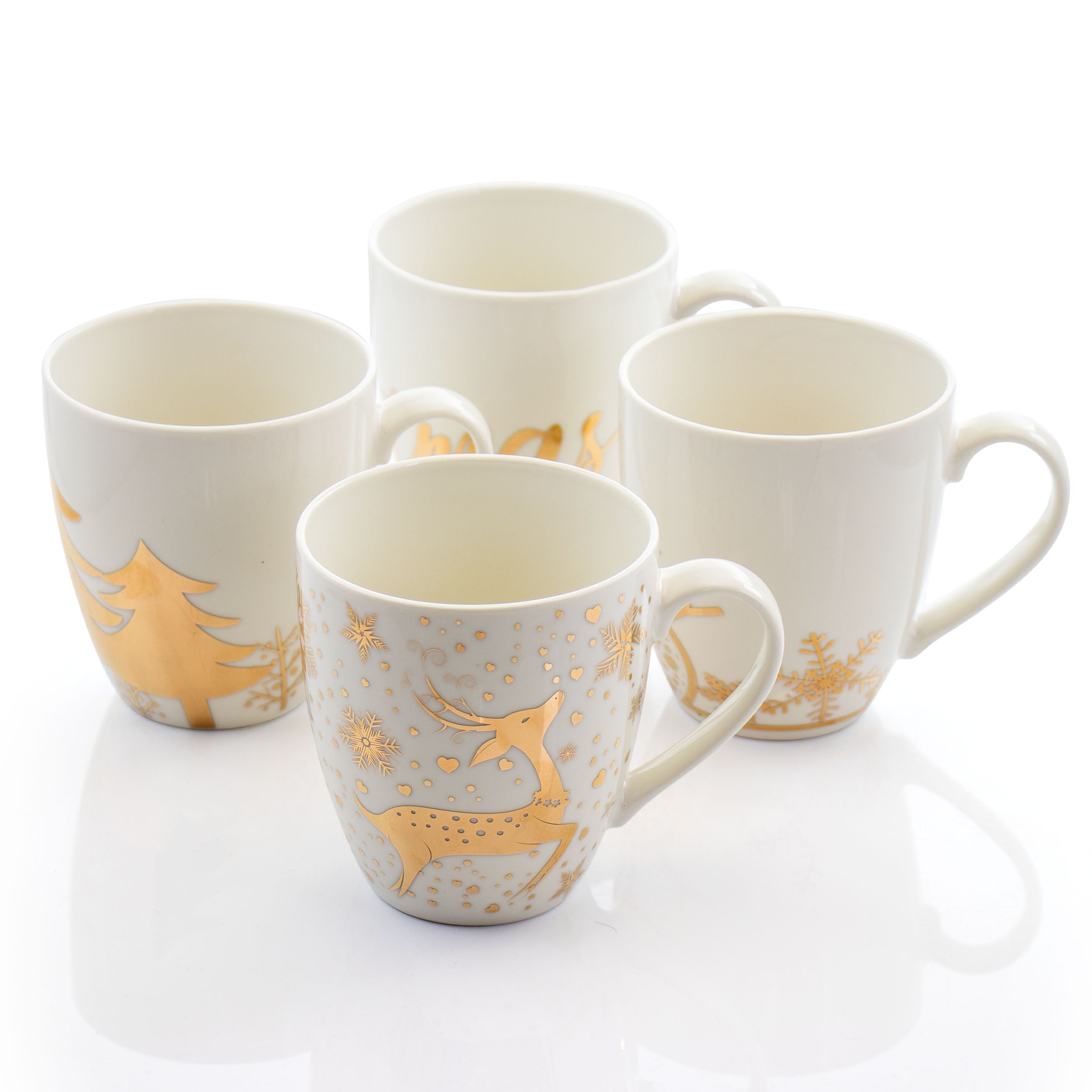 Holiday Gold 4 Piece 20 Ounce Fine Ceramic Cup Set with Assorted ...