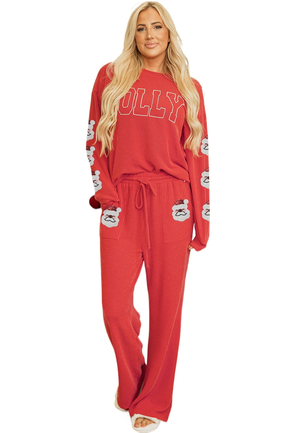 Holiday Graphic Set: Fiery Red Corded Outfit with Sequined Details and ...