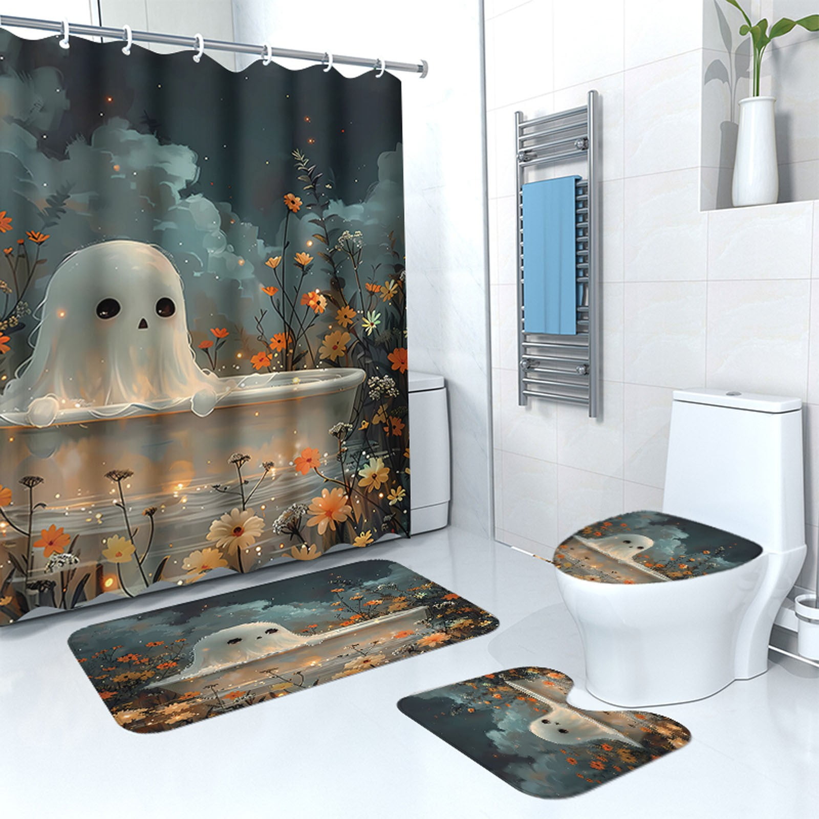 Your Holiday Halloween Ghost Theme Rugs And Mats Set Of Four Bathroom ...