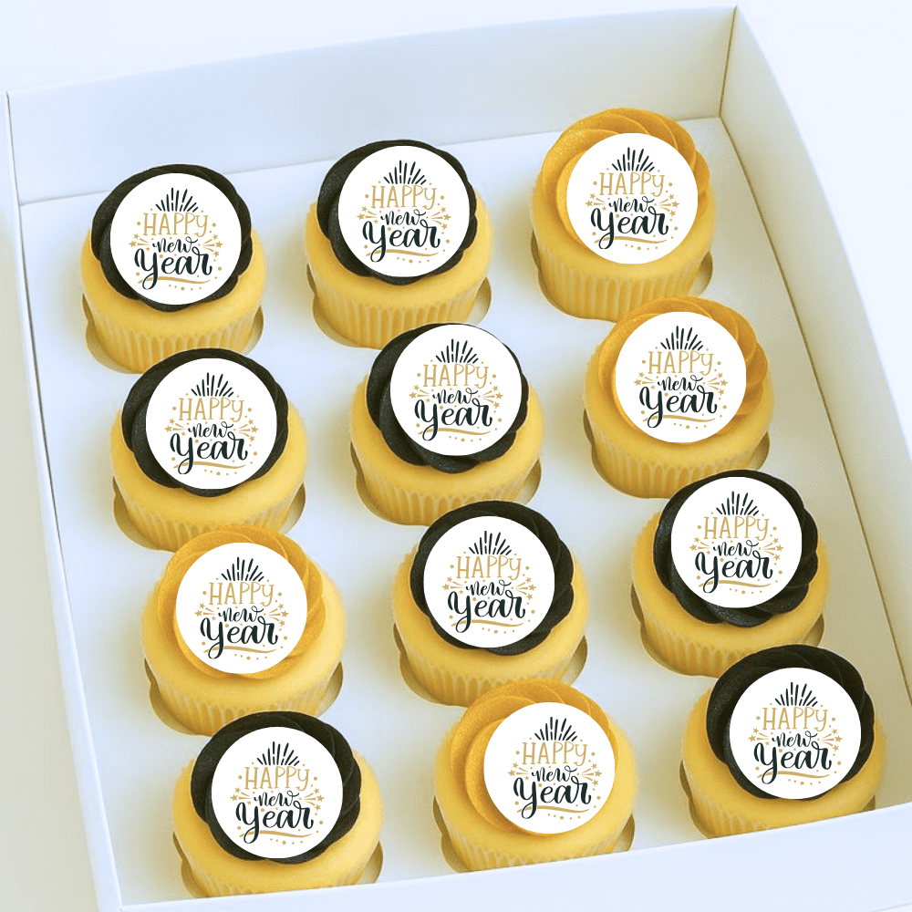 Holiday Happy New Year Fireworks Badge Icon 2inch Round Edible Cupcake ...