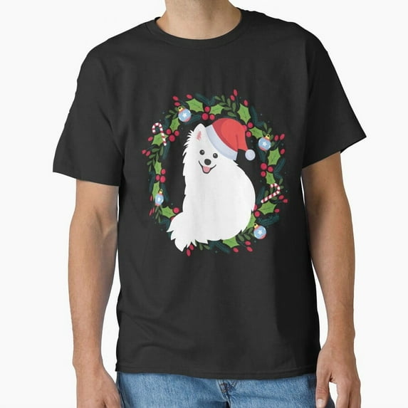 Holiday Japanese Spitz in Wreath Cute Festive Winter Dog Art Unisex T ...