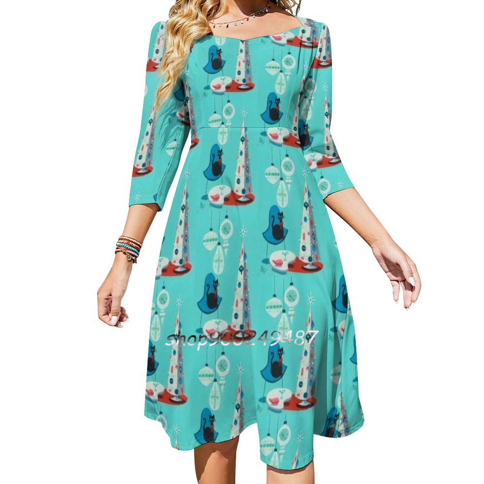Holiday Kitschy Square Neck Dress New Plus Size Elegant Women Waist ...