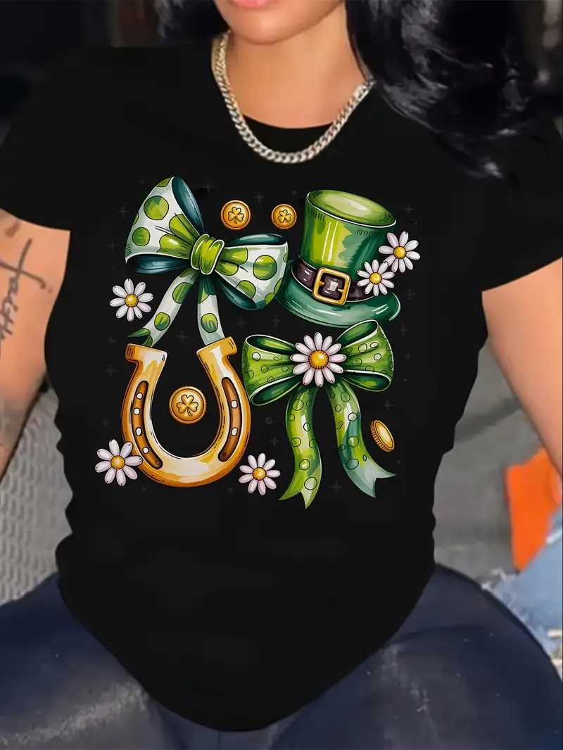 Holiday Leprechaun Hat Horseshoe Women Short Sleeve Crew Neck T-Shirt ...