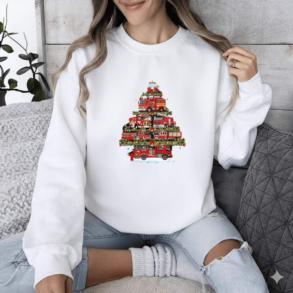 Holiday Lights Firefighter Winter Tree Scene Fire Truck Sweatshirt, up ...