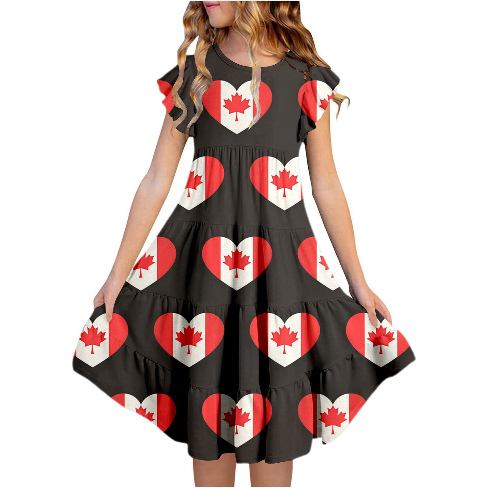 Holiday Maple Print Summer Dress – Ruffle Sleeve Layered A-Line Gown ...