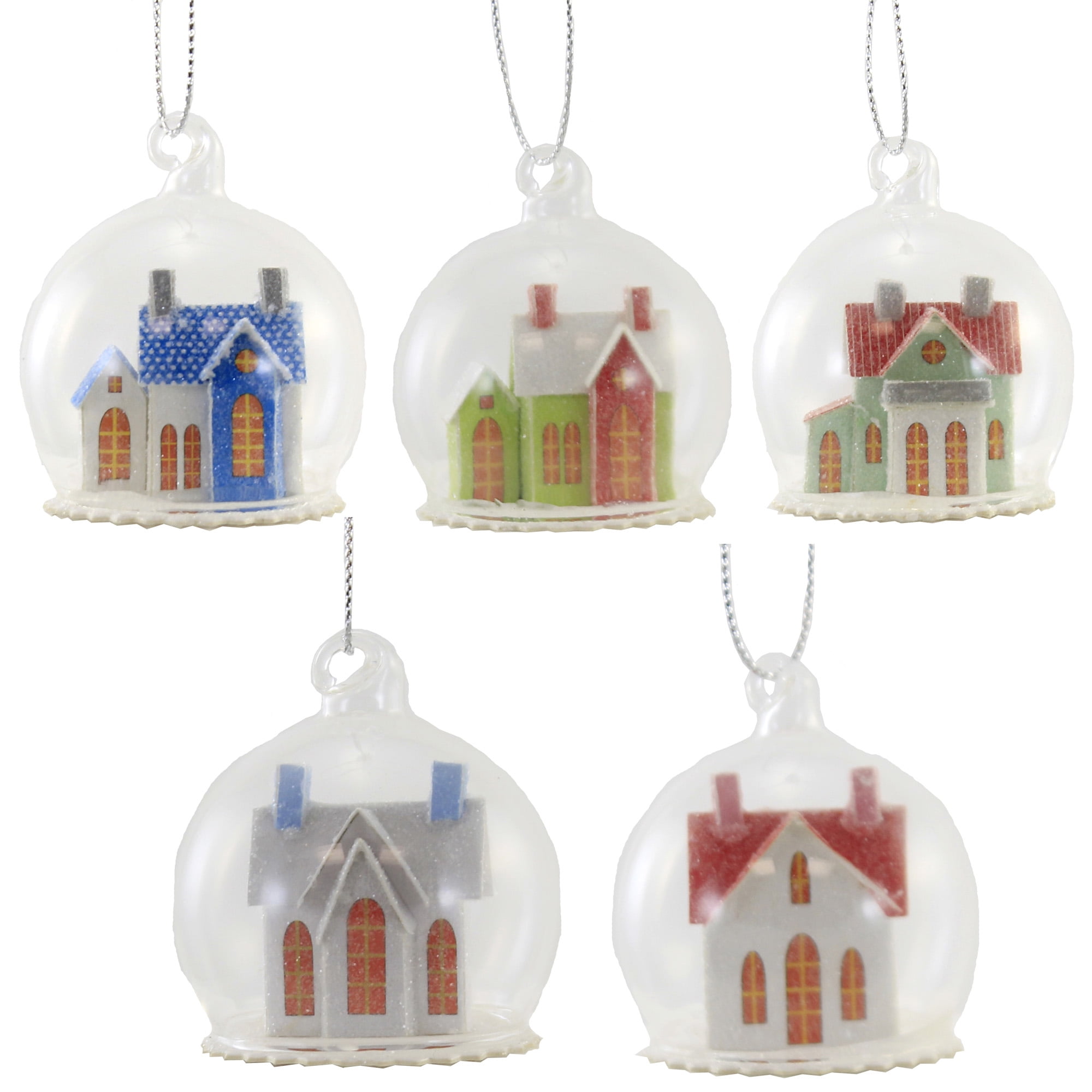 Holiday Ornament Frosty Abobe Globe Set/5 Glass Mini Putz Paper House ...