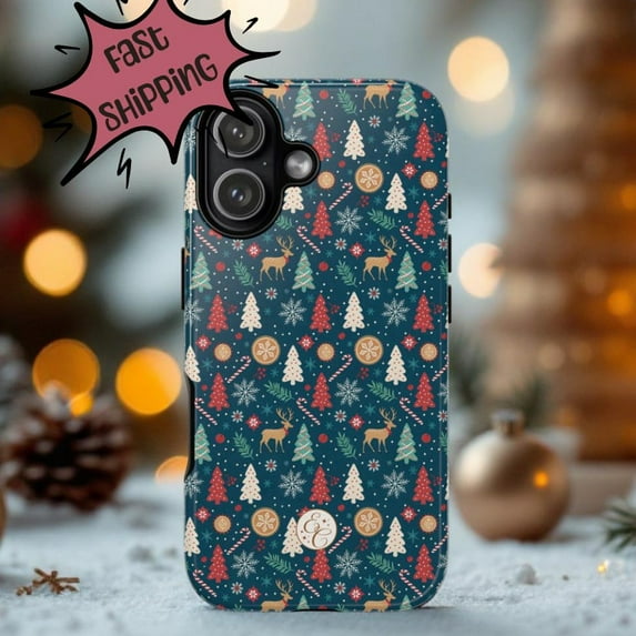 Holiday Pattern Phone Case Festive Deer Candy Art for iPhone 17 to 11 ...