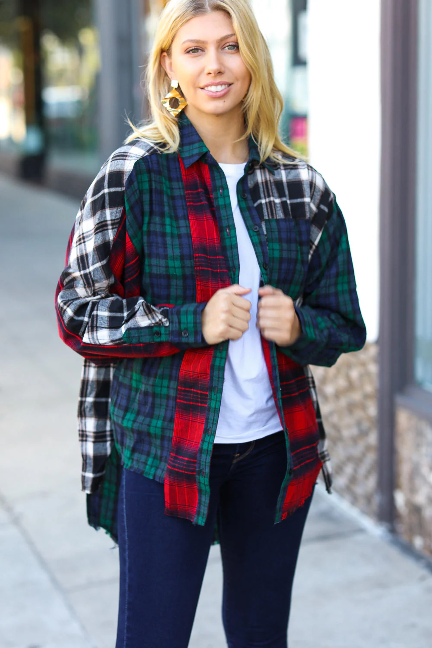 Holiday Plaid Cotton Color Block Cut-Edge Shacket - Walmart.com