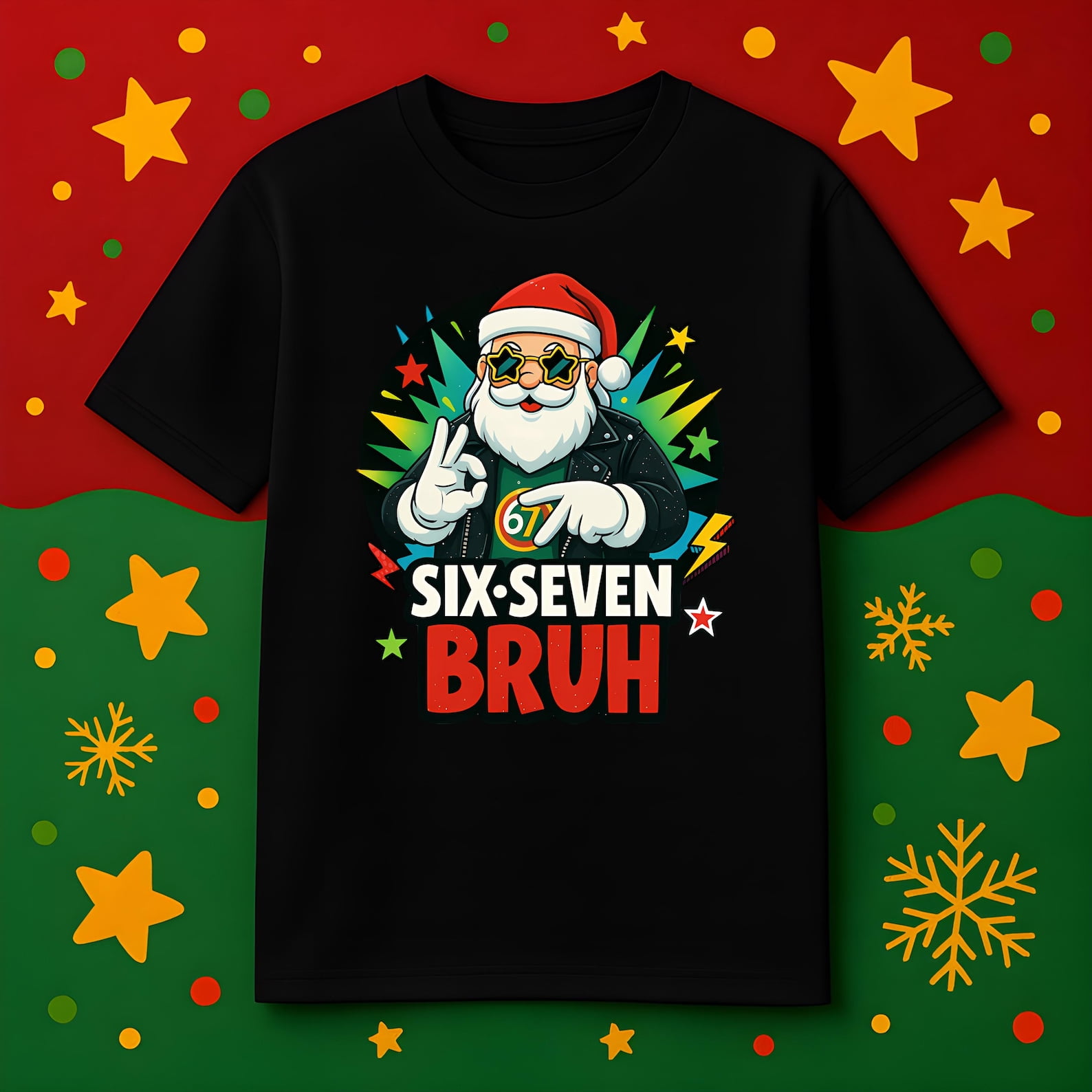Holiday Santa Tee with Cool Cartoon Design and ‘Six Seven Bruh’ Print ...