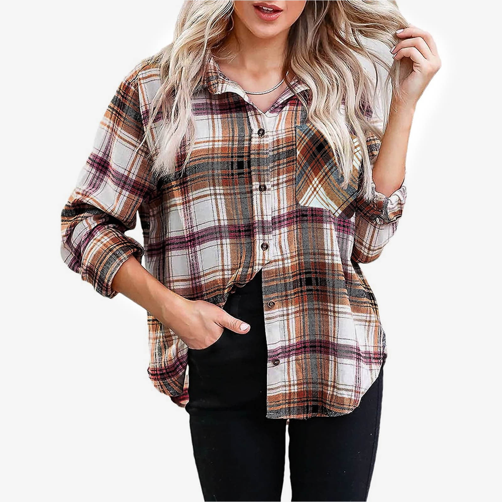 Horkkom Womens Button Flannel Shirts Long Sleeve Plaid Shackets ...