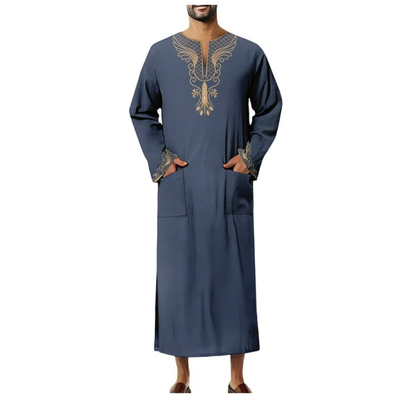 Holiday Shirt for Men Arab Long Sleeve Robe Printed V Neck Loose Robe ...