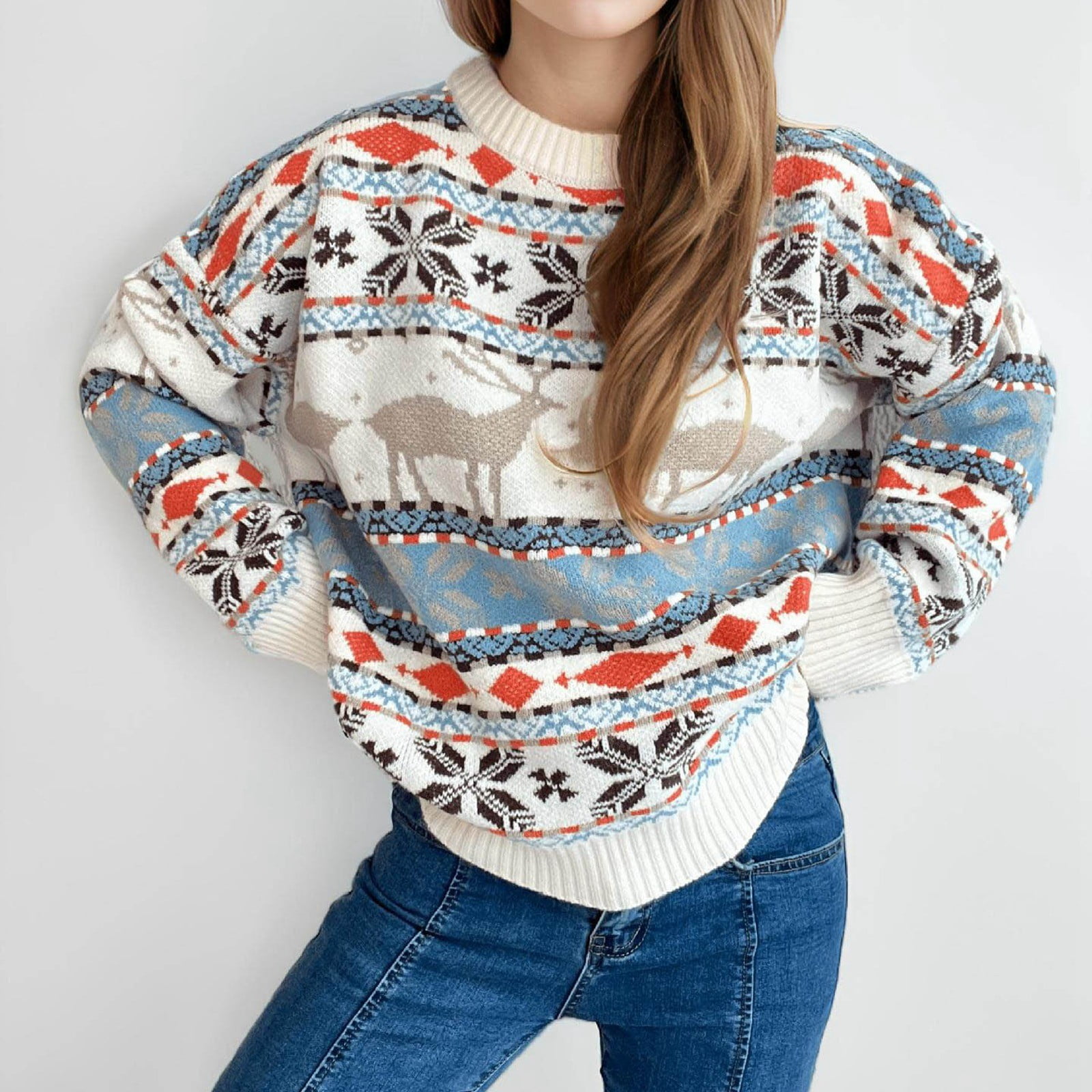 Holiday Sweaters For Women Funny Xmas Reindeer Printed Loose Fit Cute ...