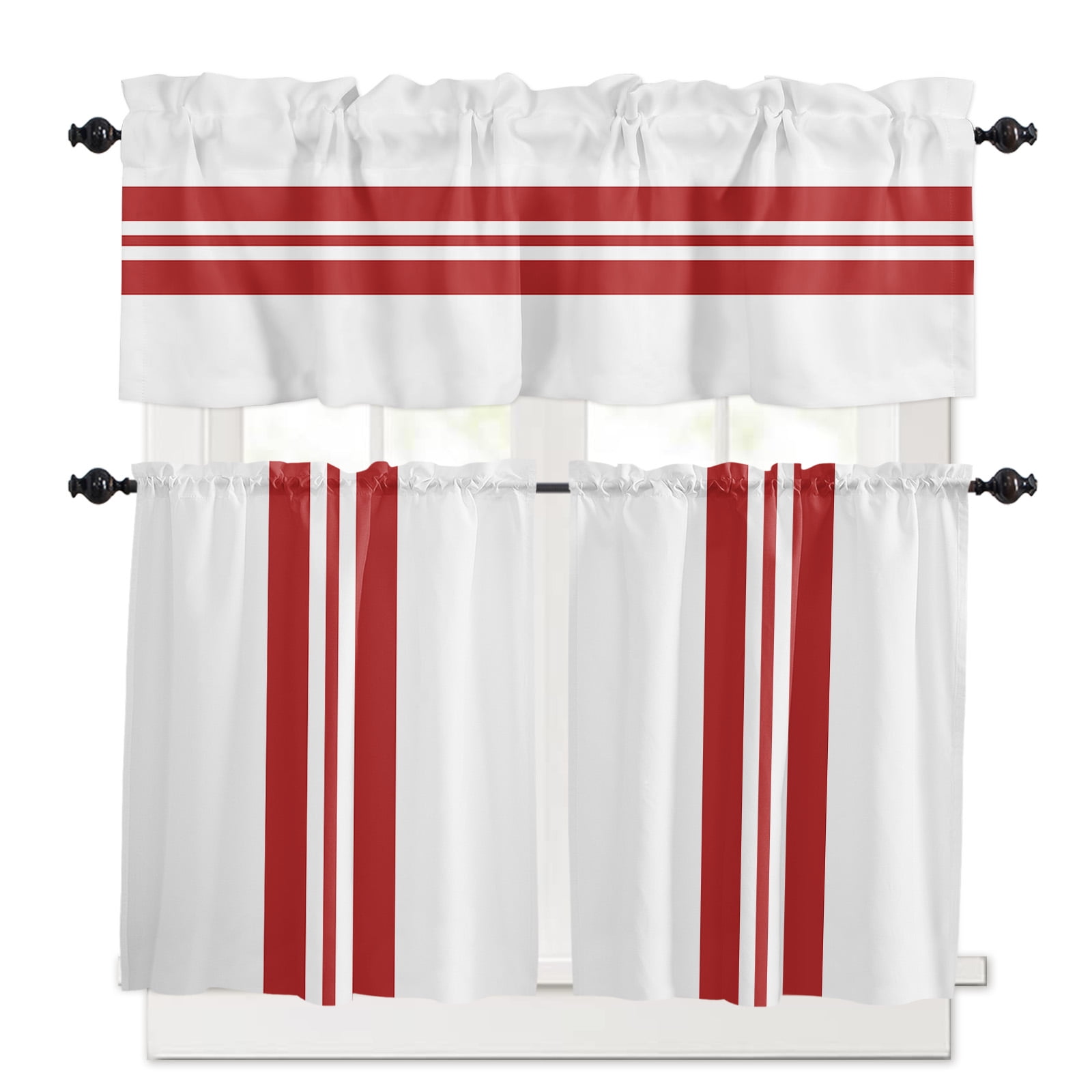 Holiday Themed Kitchen Curtains and Valances Set, Red Stripes Rod ...