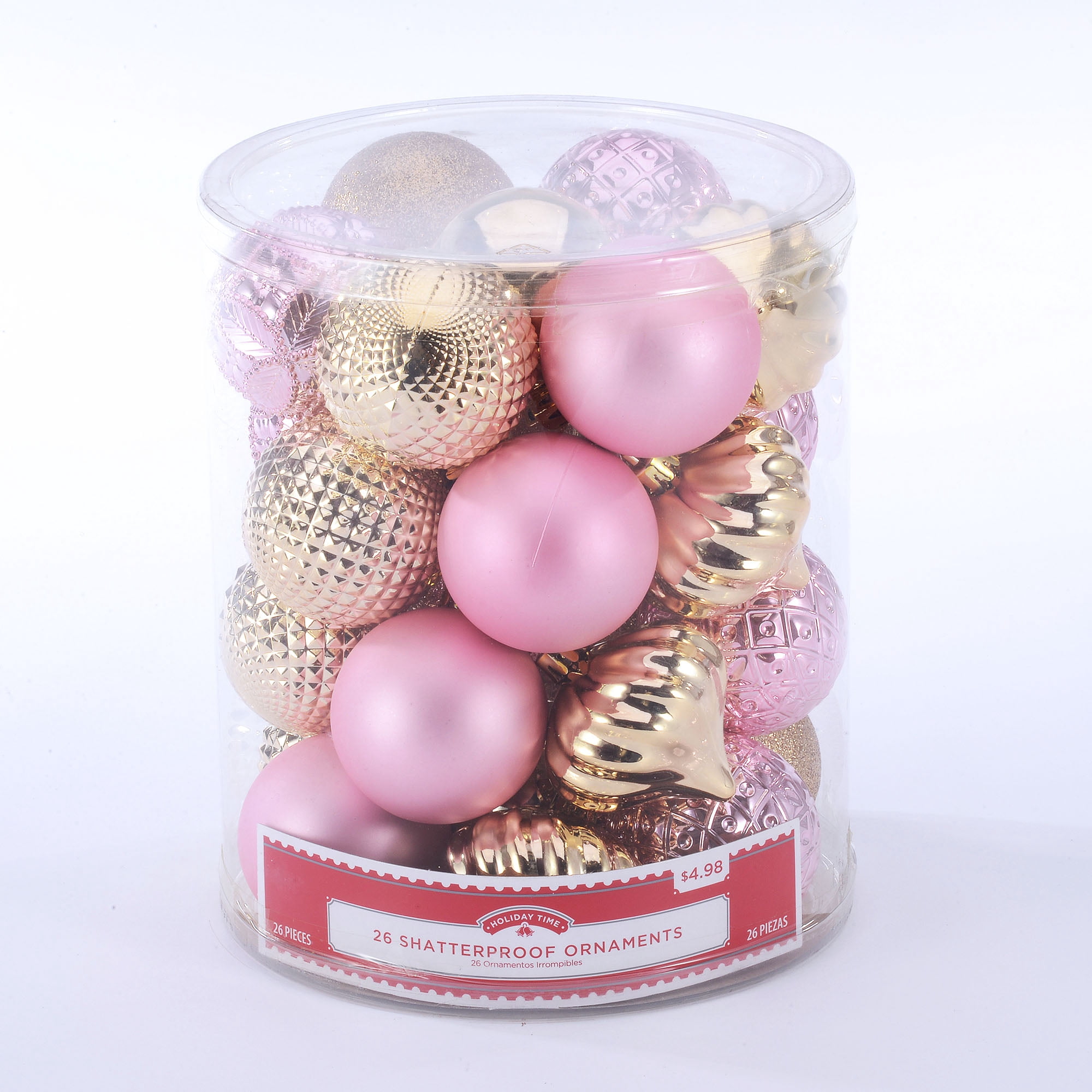 Holiday Time 26 Count Shatterproof Christmas Ornaments Pink & Gold Tree ...