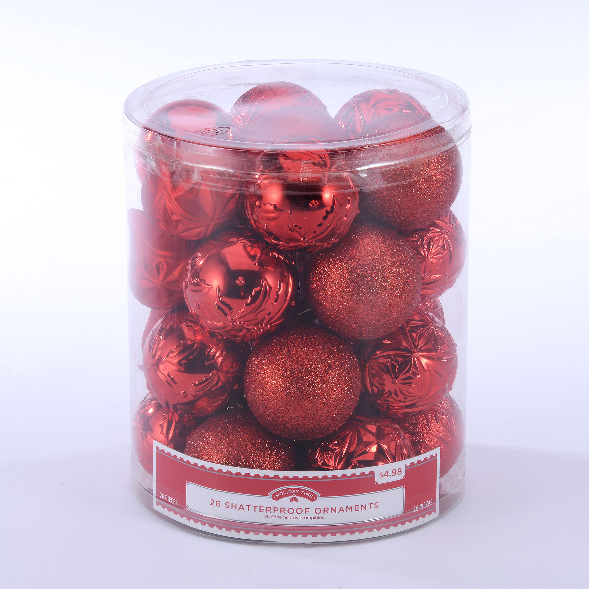 Holiday Time 26 Count Shatterproof Red Christmas Tree Ornaments ...