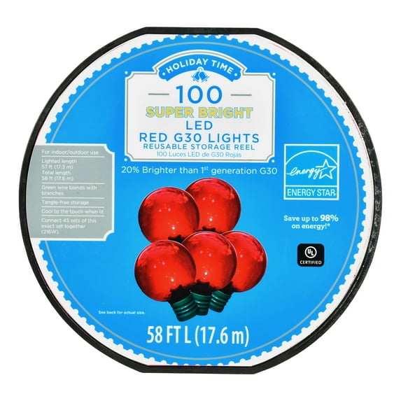 Holiday Time 57 ft 100 Count Red LED G30 Christmas Lights Energy Star ...