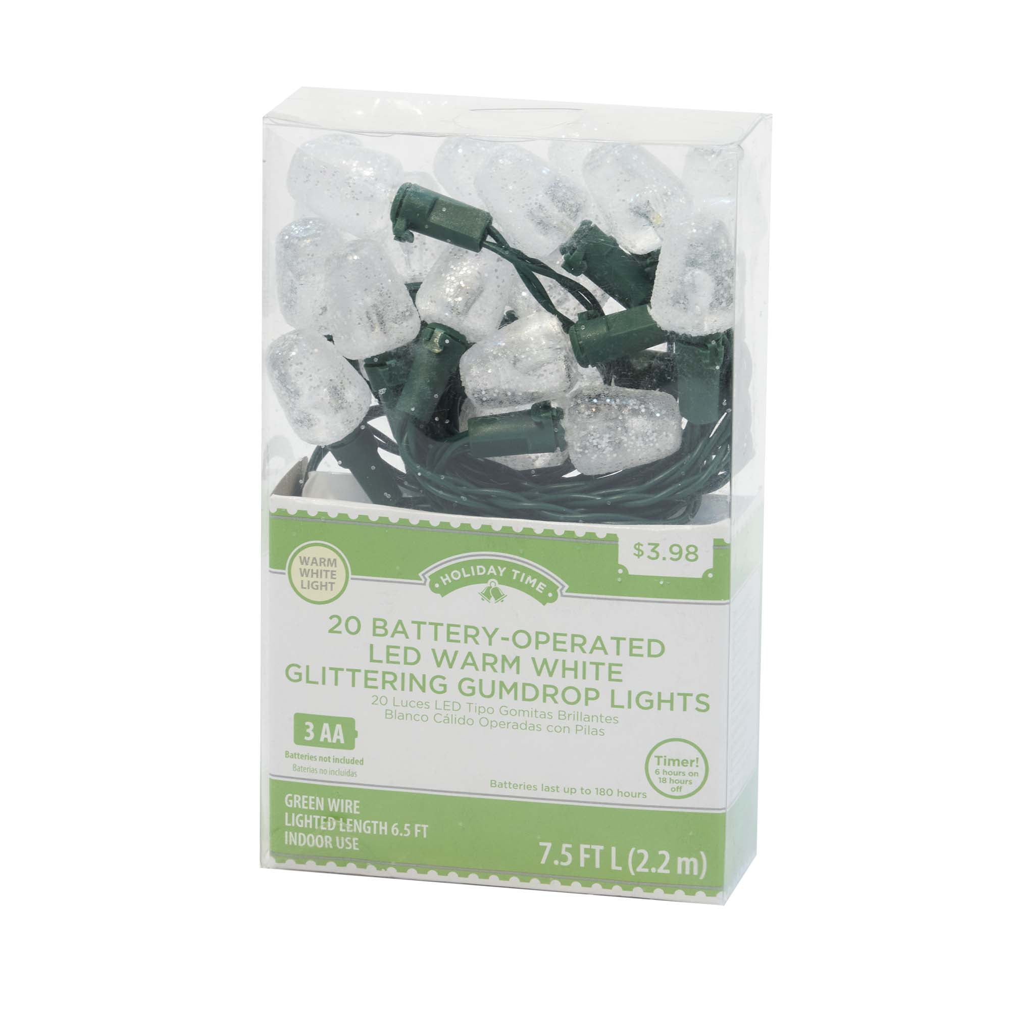 Holiday Time 7.5' Battery Operated LED Glittering Gumdrop Lights, with ...