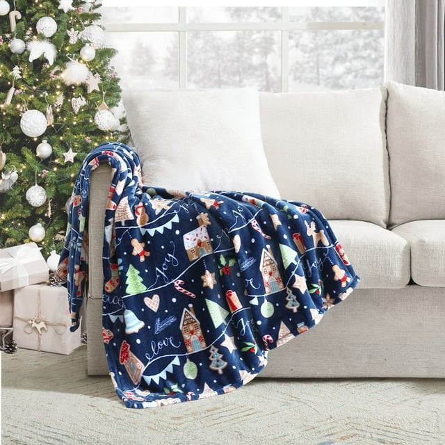 Holiday Time, Gingerbread House Printed Plush Throw Blanket, Navy ...