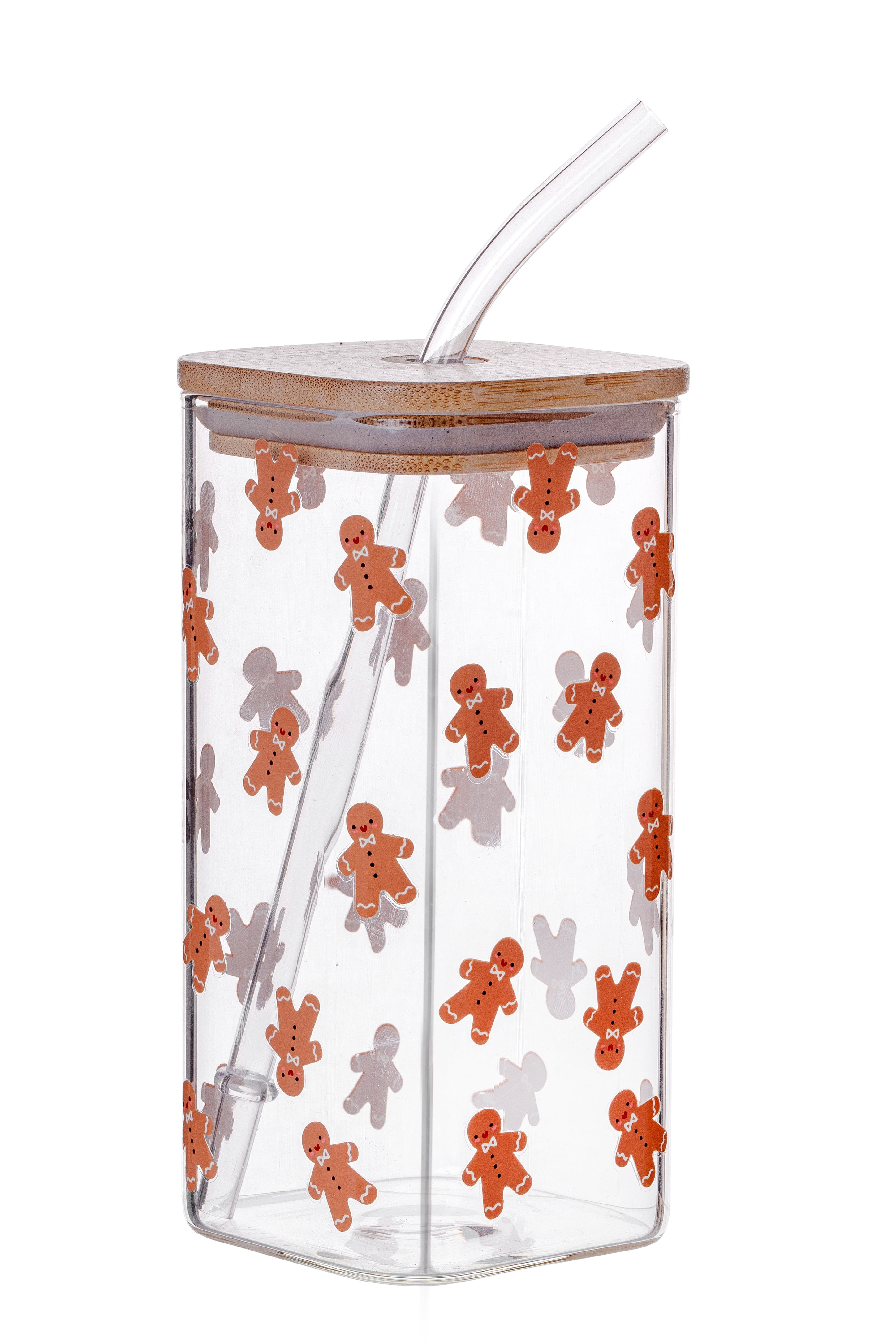 Holiday Time Gingerbread Man Square Glass Sipper 17oz with Bamboo Lid ...