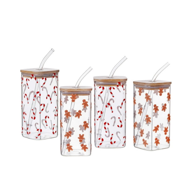 Holiday Time Gingerbread Man and Candy Cane Clear Square Glass Sipper ...