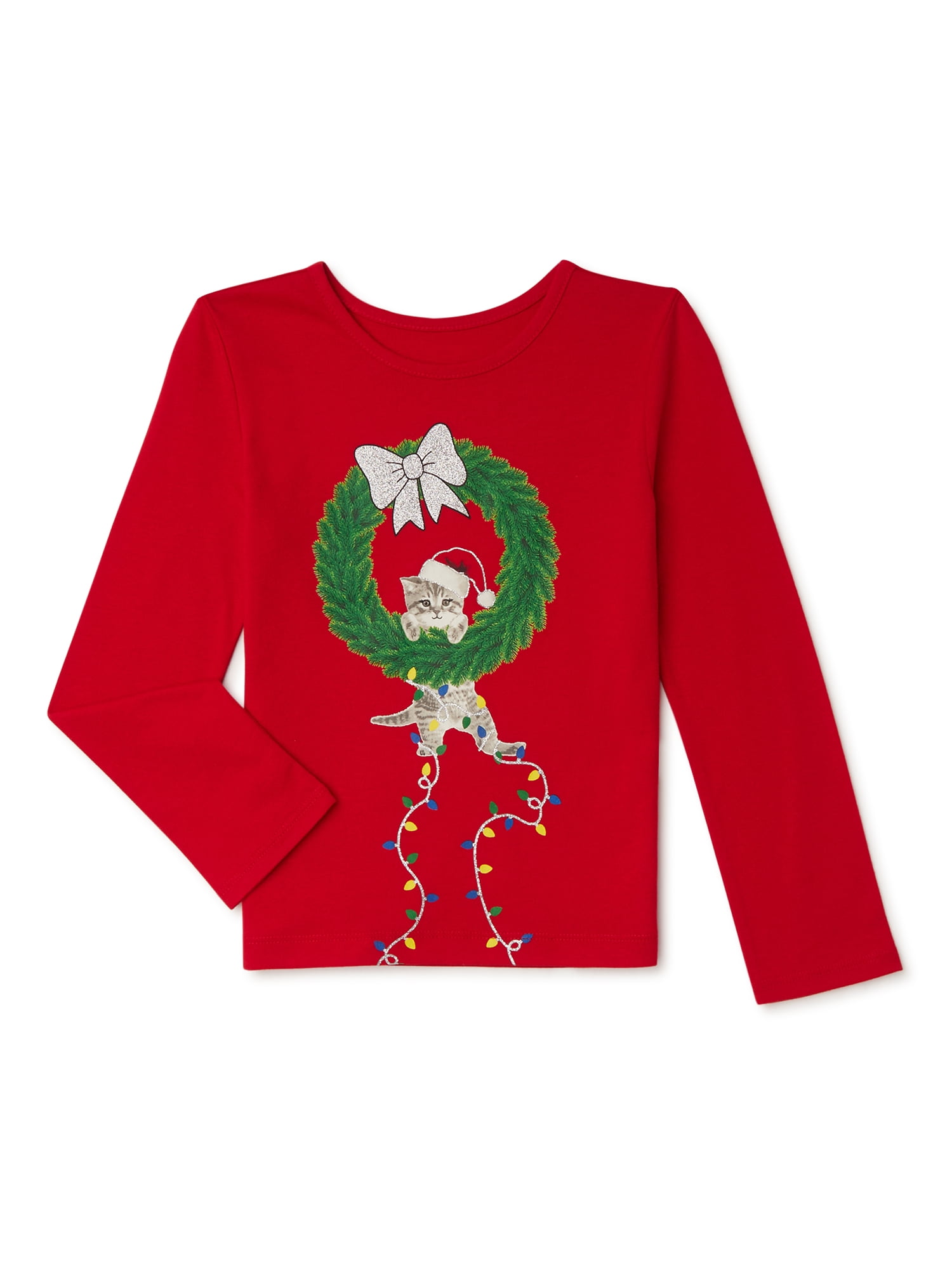 Holiday Time Girls Christmas Cat T-Shirt - Sizes 4-18 - Walmart.com