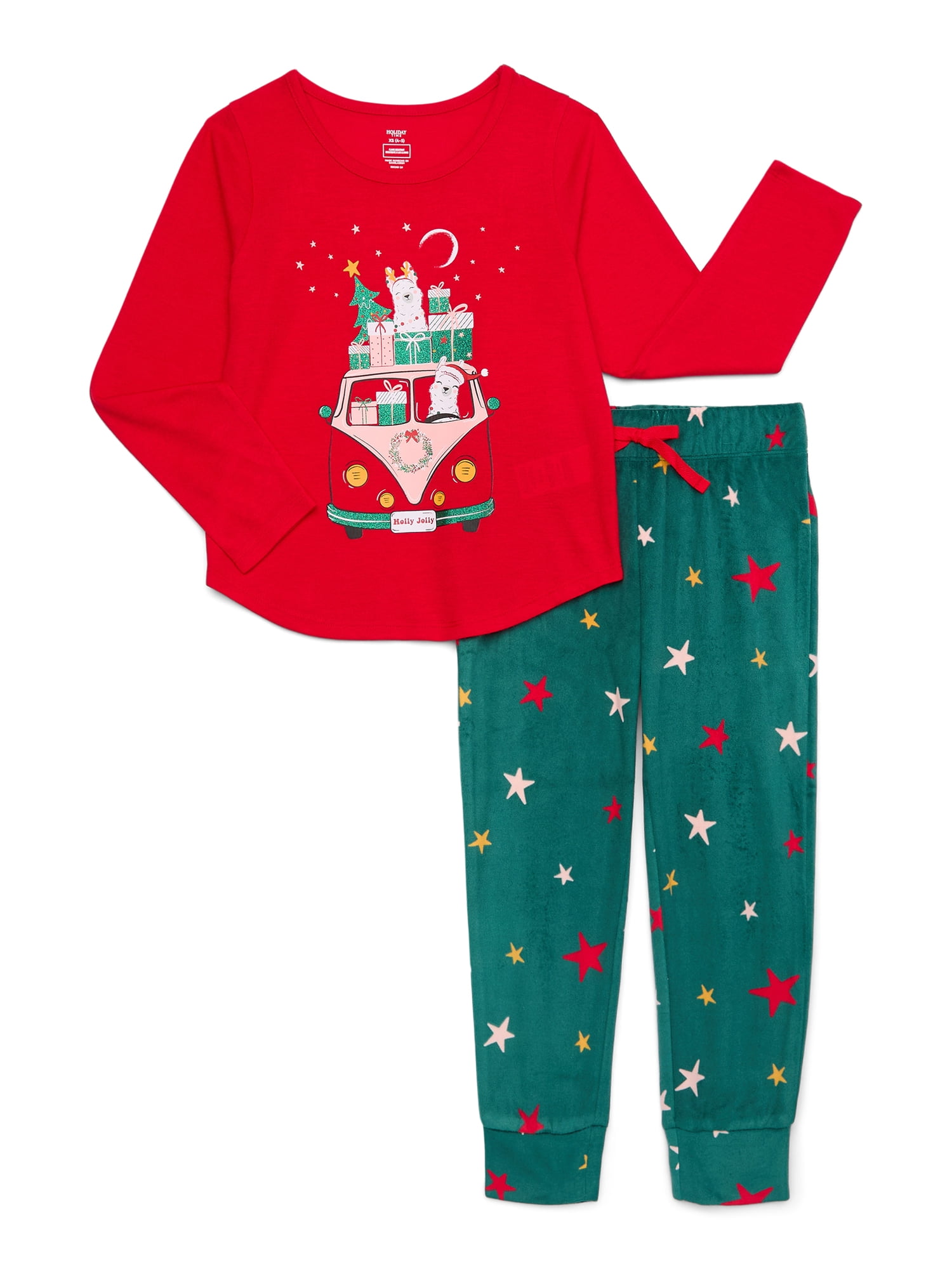 Holiday Time Girls Long Sleeve Top and Joggers, 2-Piece Pajama Set ...
