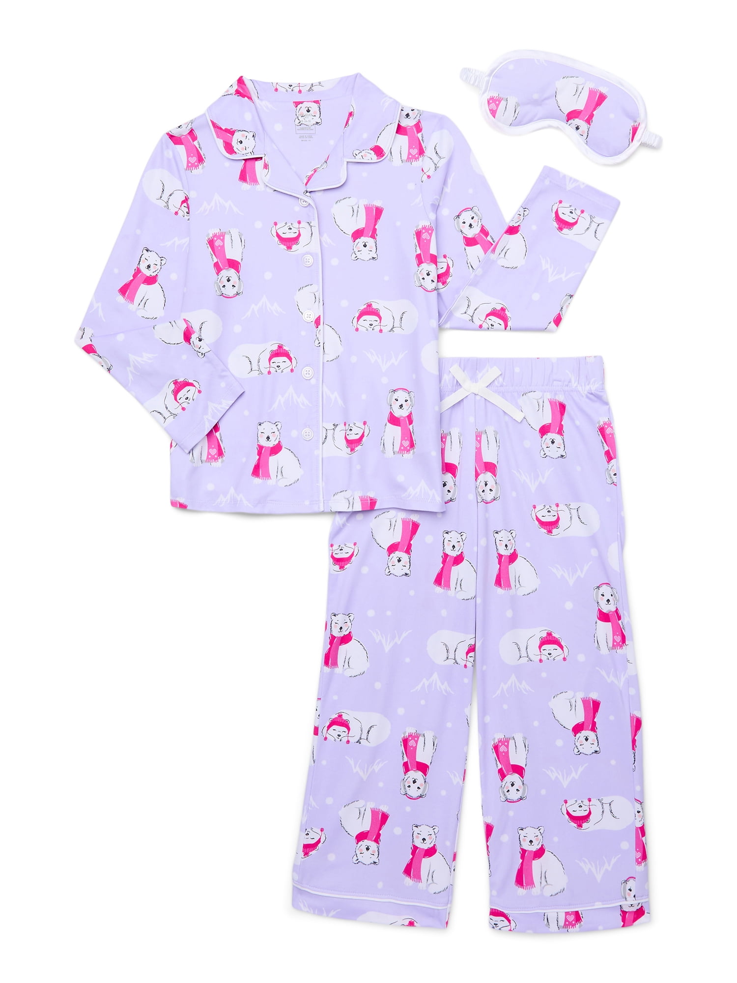 Holiday Time Girls Button Front Pajama Set with an Eye Mask, 3-Piece ...