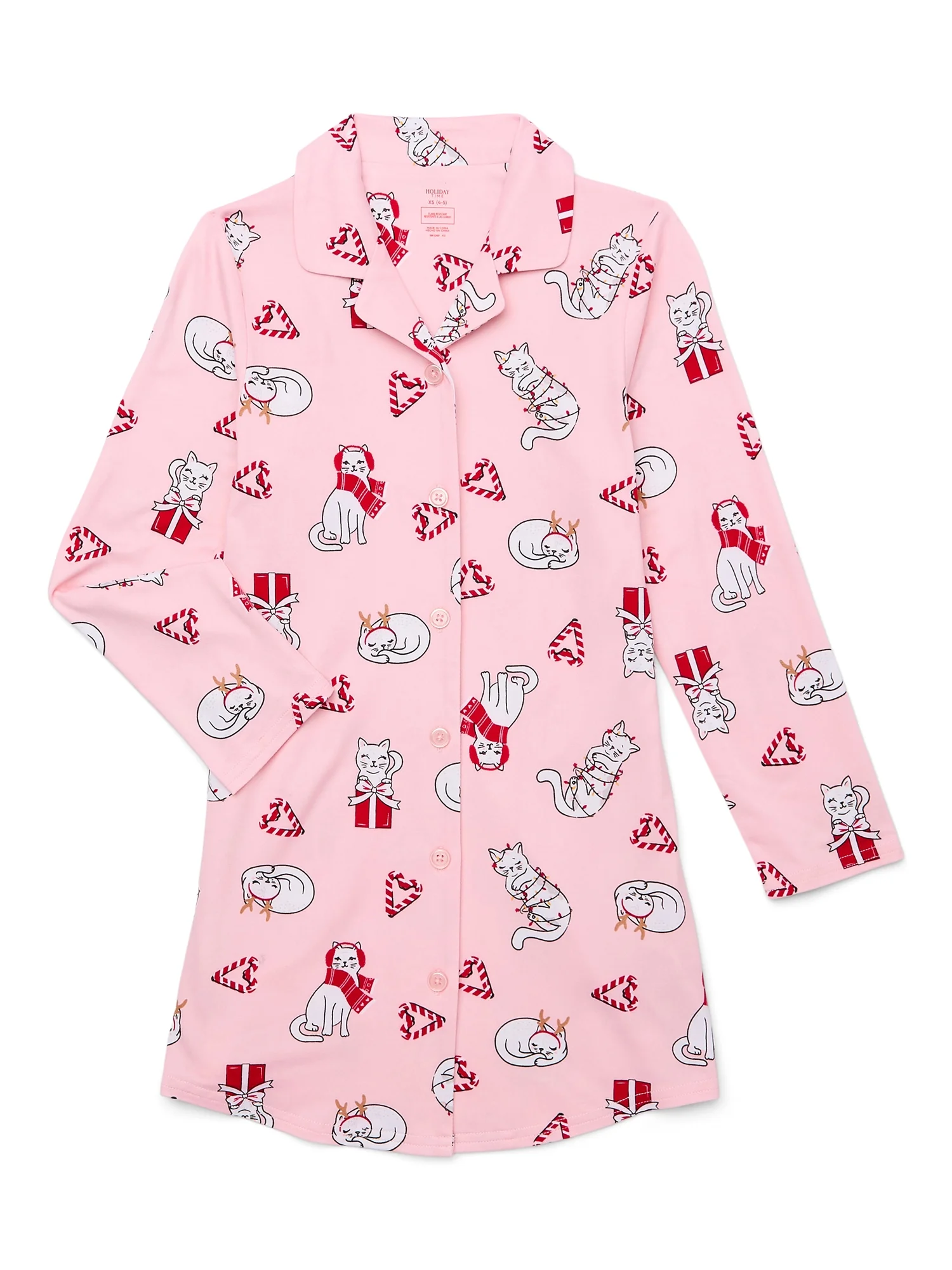 Holiday Time Girls' Long Sleeve Christmas Nightgown Button-Front Sleep ...
