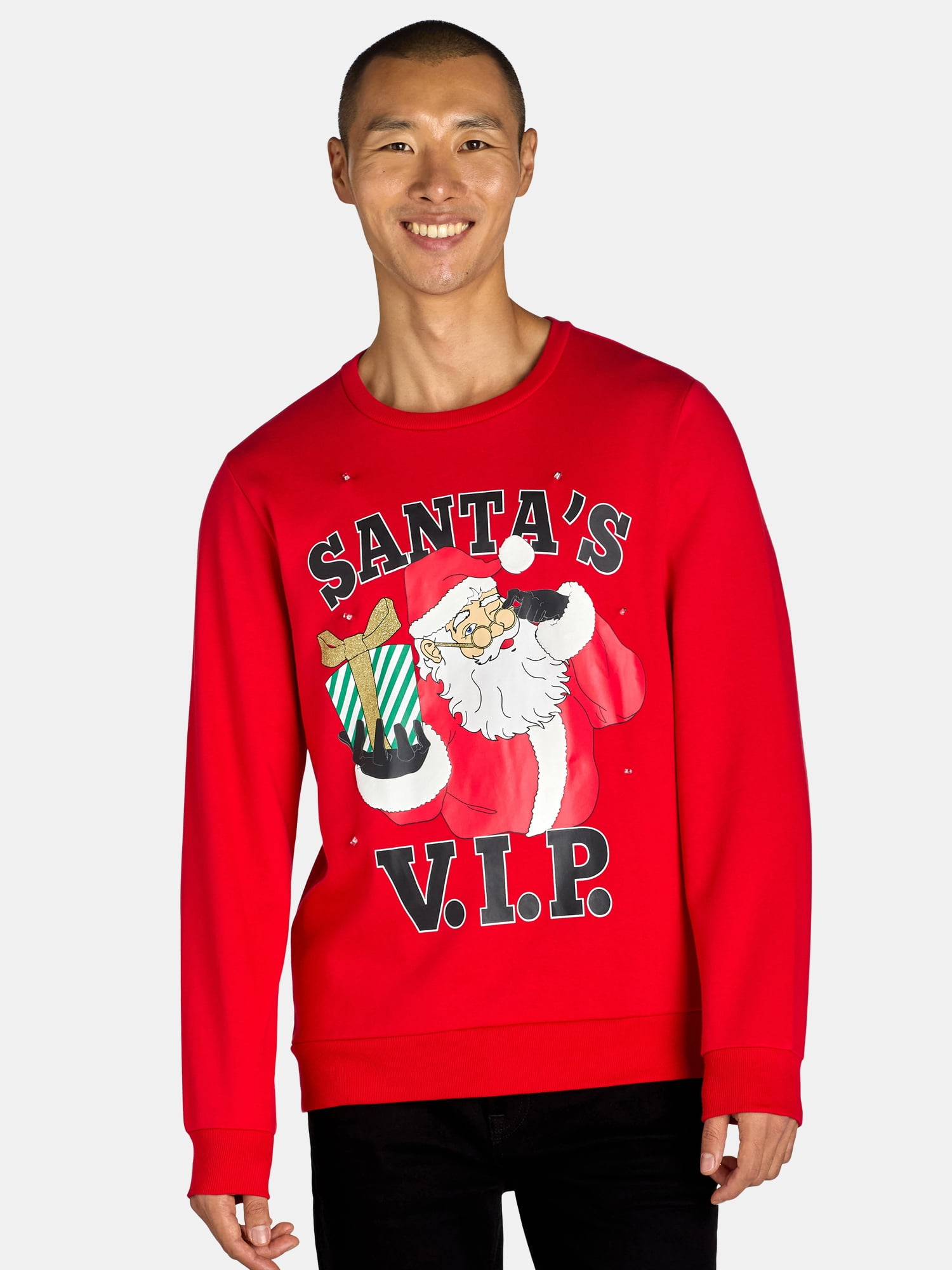 Holiday Time Men's & Big Men's Christmas Santa VIP Lightup Crewneck ...