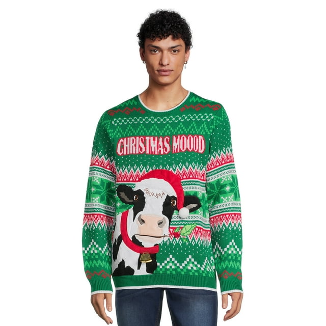 Holiday Time Men's Cow Ugly Christmas Sweater with Long Sleeves ...
