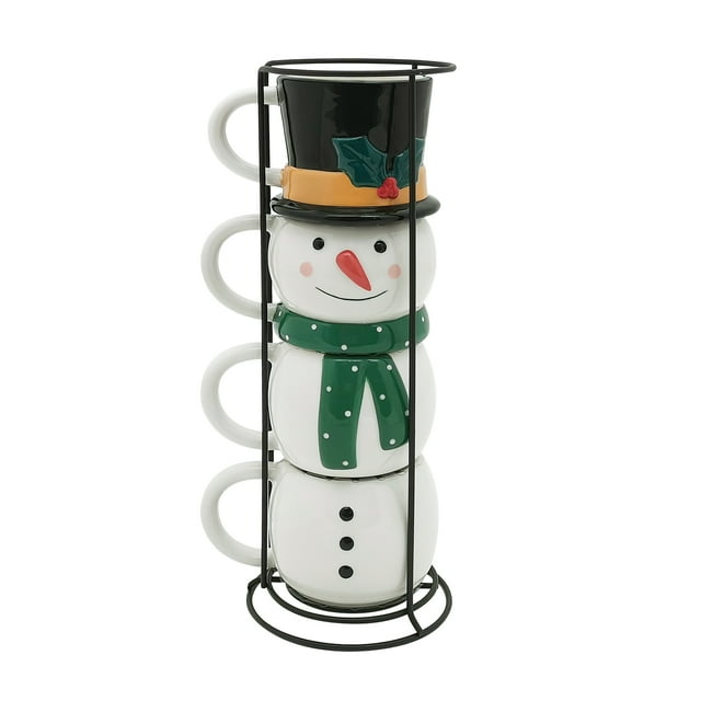 Holiday Time Snowman Stackable Stoneware Mug with Metal Rack Set ...