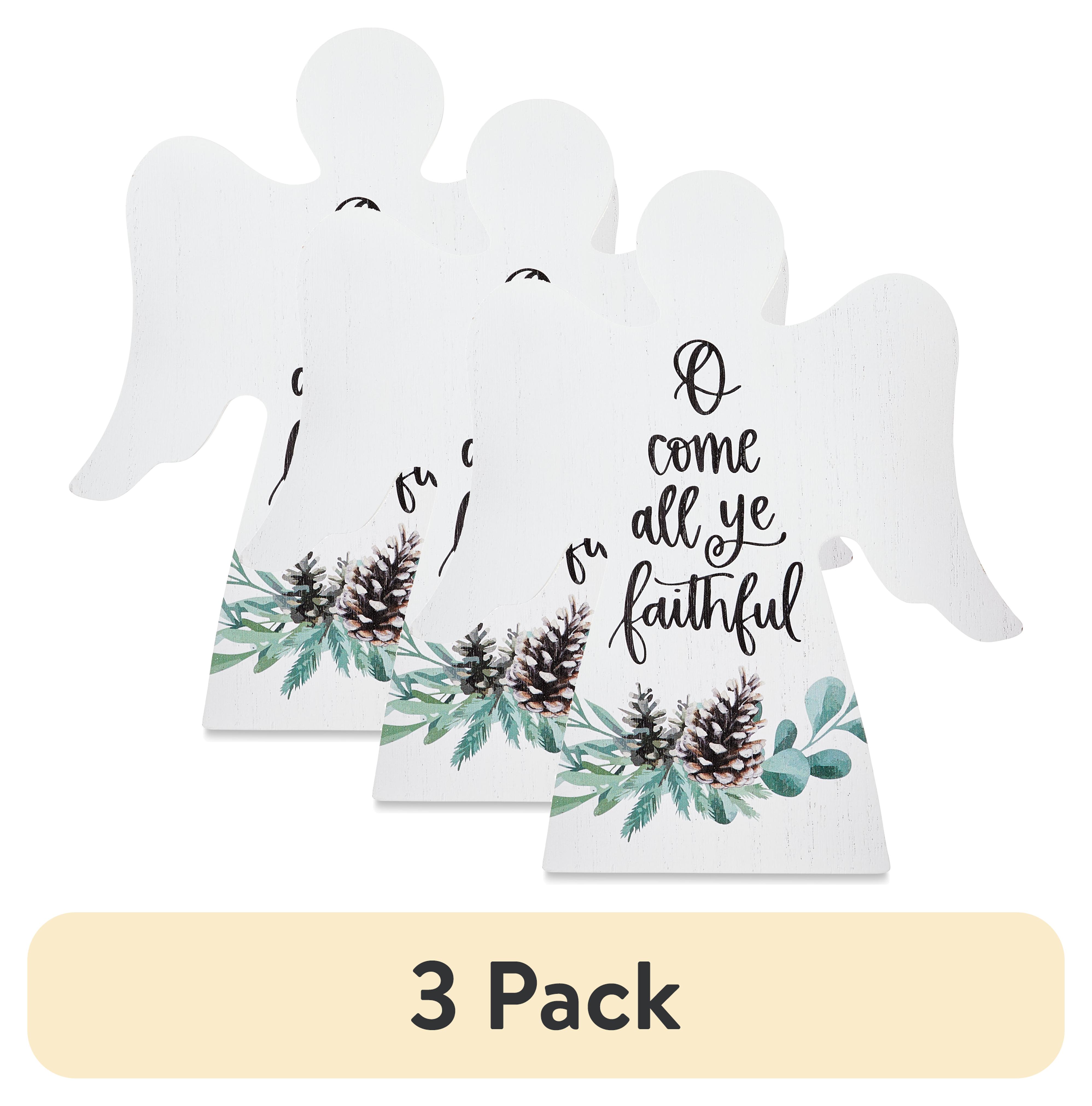 (3 pack) Holiday Time White "O Come All Ye Faithful" Angel Wood Christmas Décor, 10.5"tall, 21 ...
