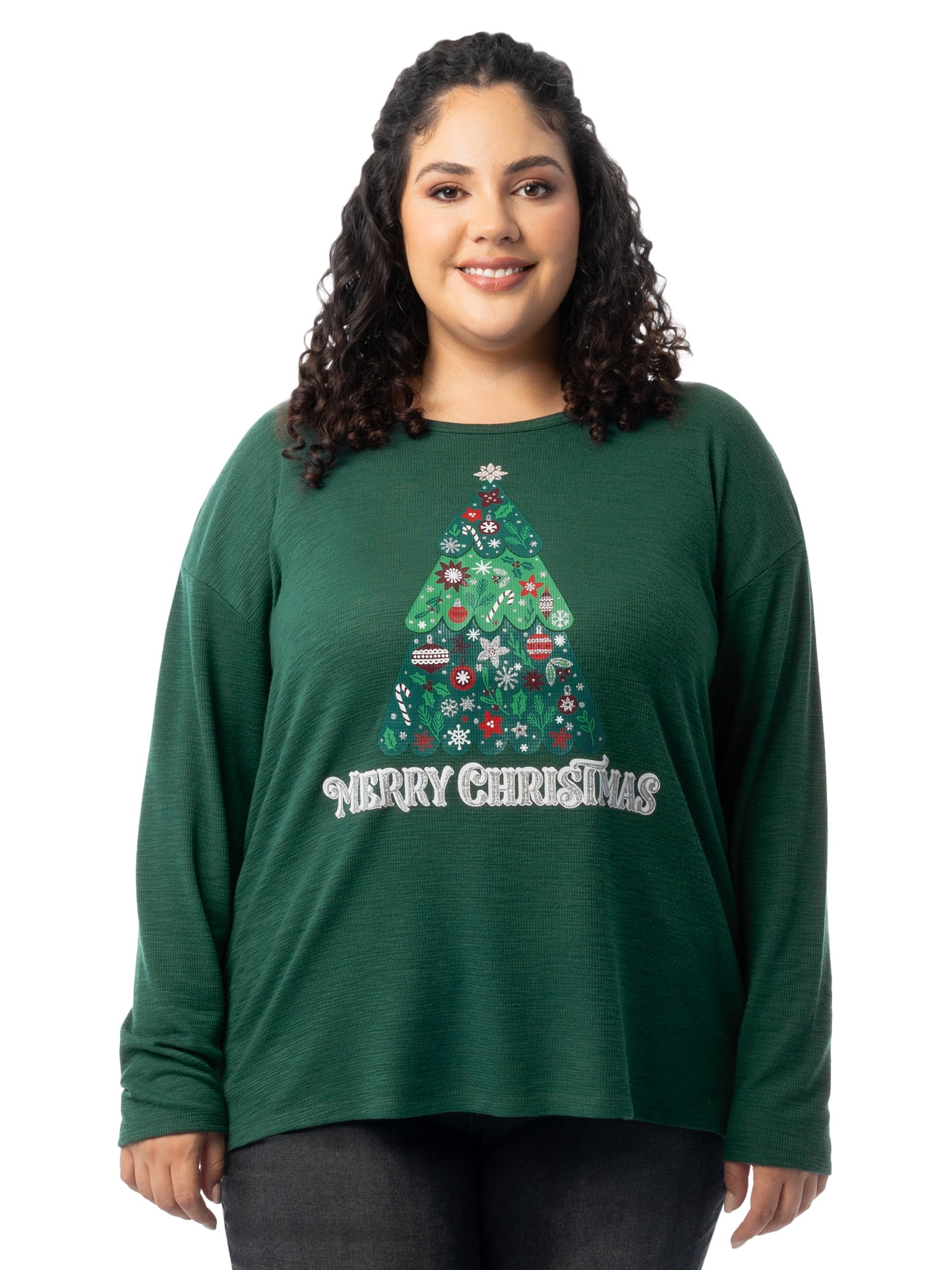 Holiday Time Women's and Women’s Plus Christmas Waffle Graphic Tee with ...