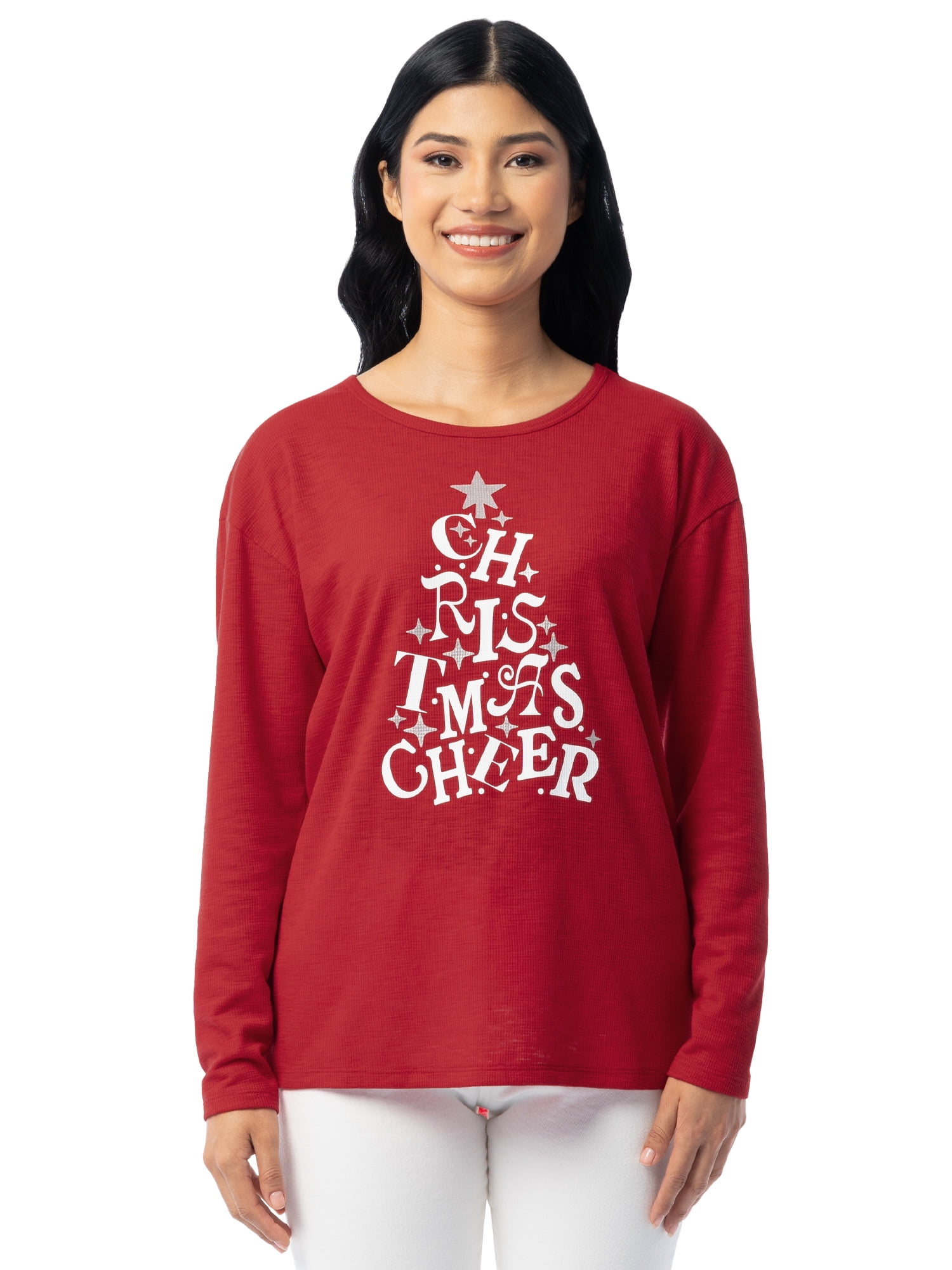 Holiday Time Women's and Women’s Plus Christmas Waffle Graphic Tee with ...