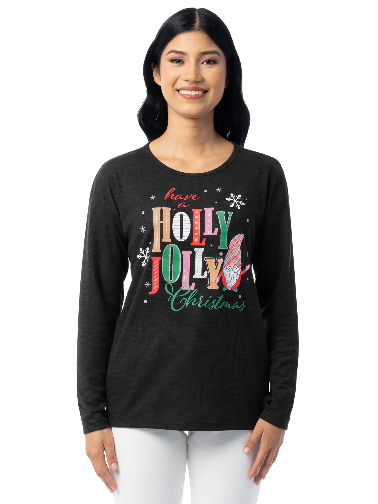 Holiday Time Women's and Women’s Plus Christmas Waffle Graphic Tee with ...