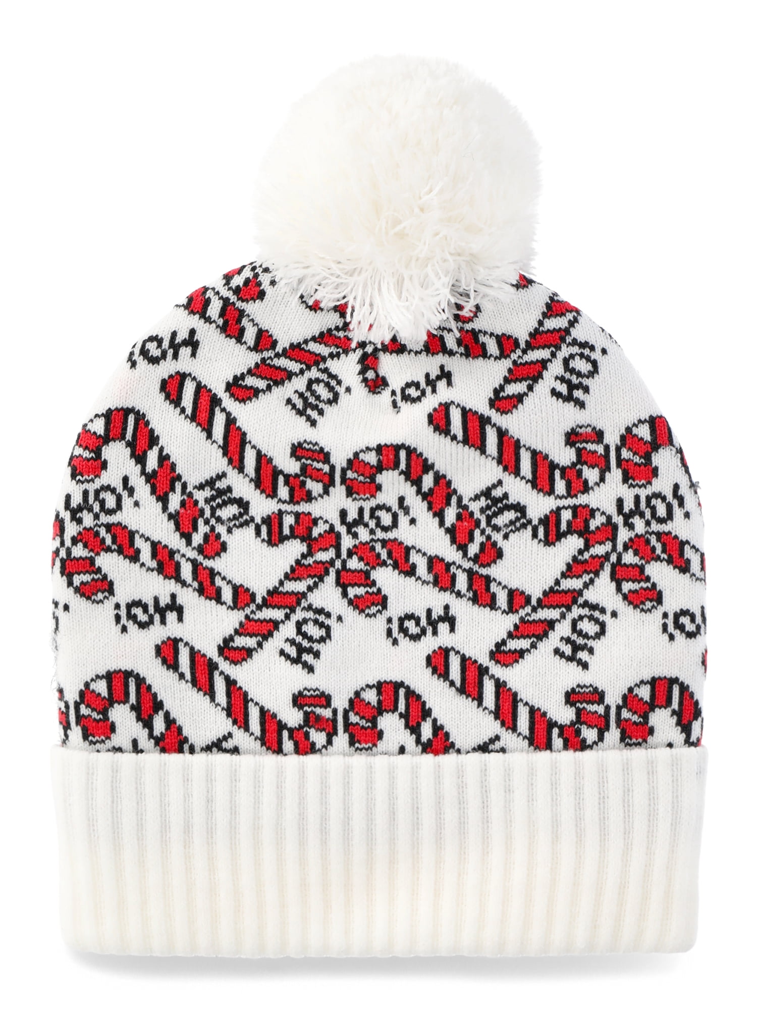 Holiday Time Women's Ho Ho Ho Candy Cane Beanie, White/Red - Walmart.com