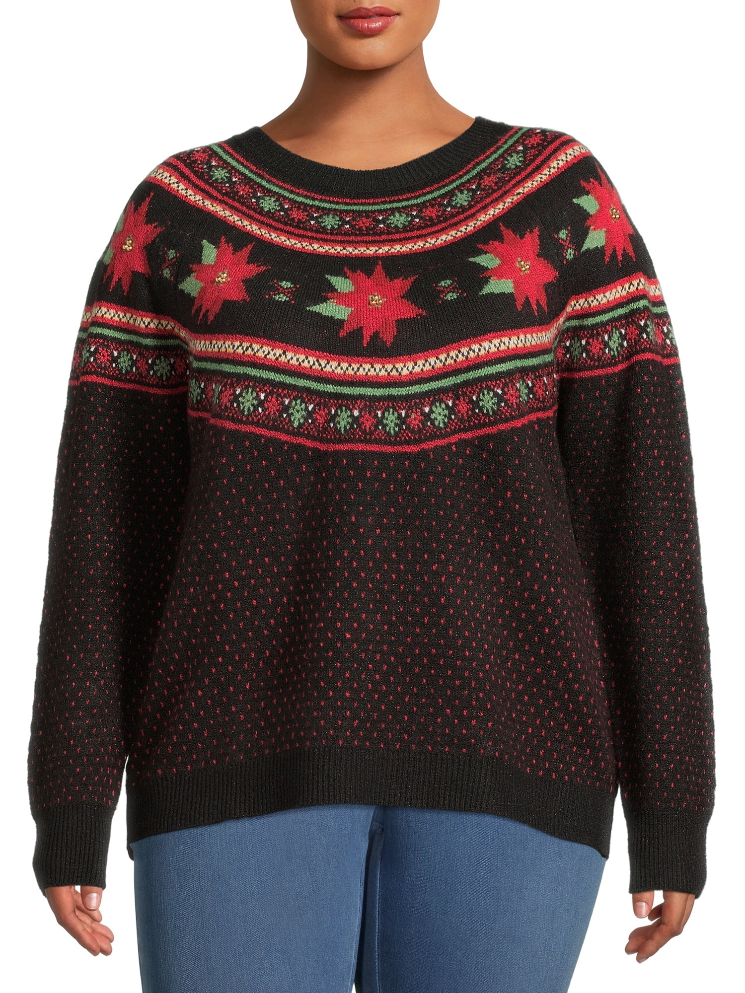Holiday Time Poinsettia Fair Isle Pullover, Sweater (Women's) - Walmart.com