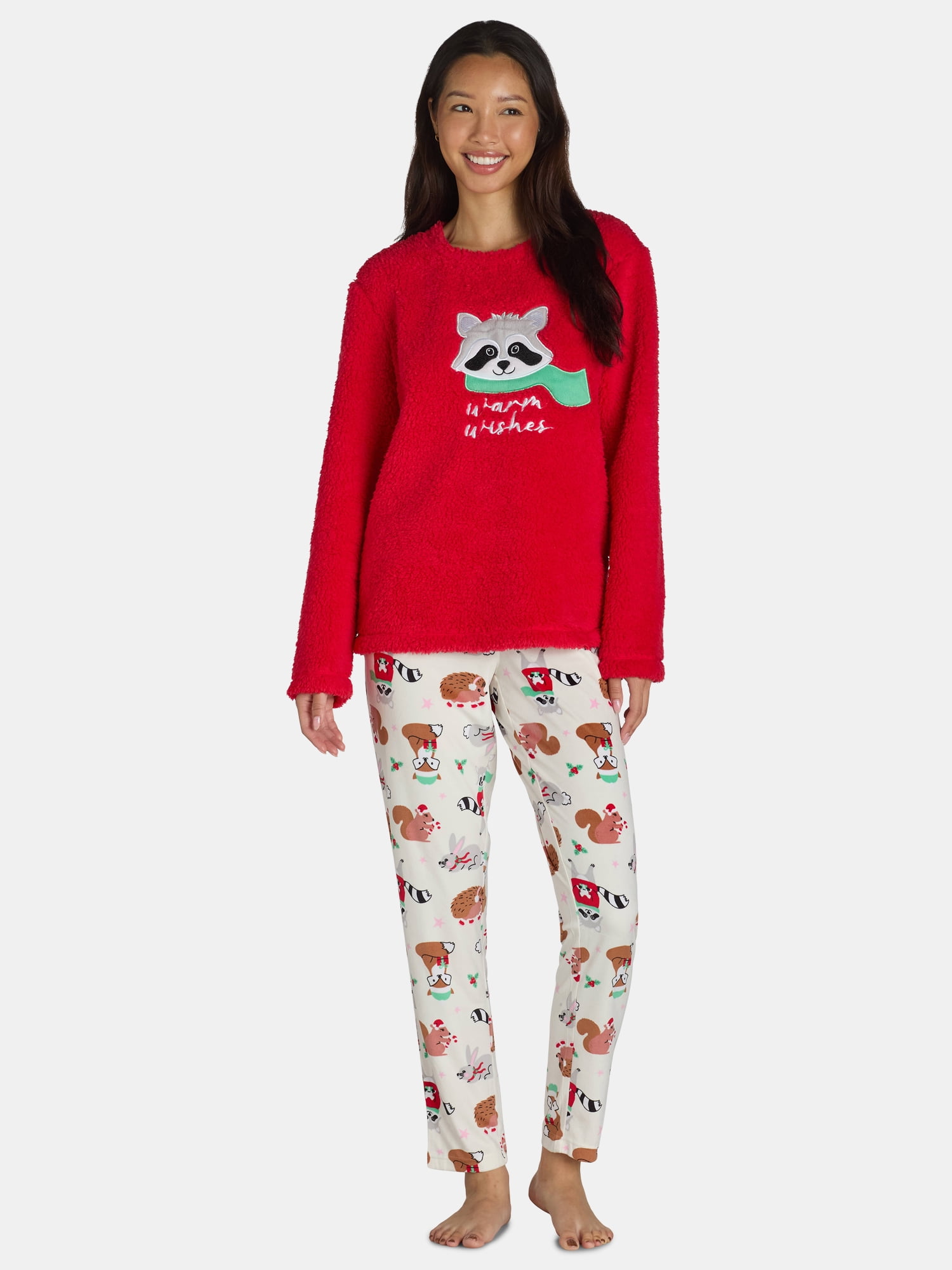 Holiday Time Women's and Women’s Plus Raccoon Holiday Plush Pajama Set ...