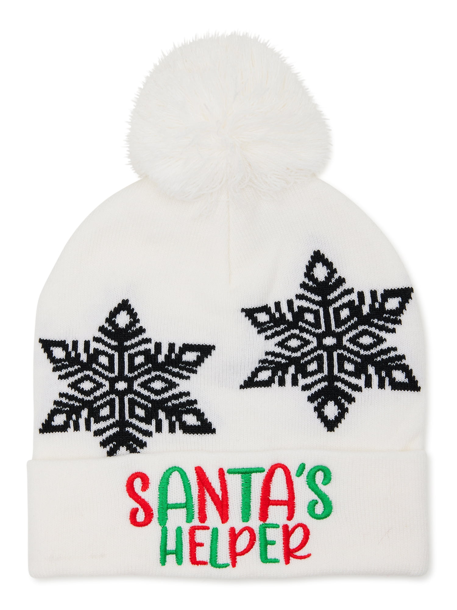 Holiday Time Women's Santa's Helper Pom Pom Beanie Hat Winter White ...