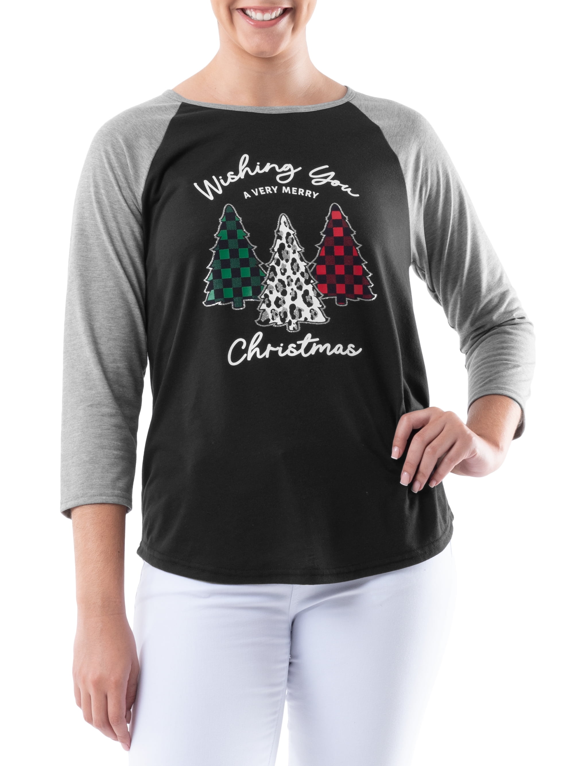 Holiday Time Women's and Women's Plus Christmas Graphic Raglan Sleeve ...