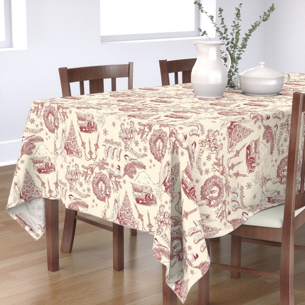 Holiday Toile Tablecloth - Holiday Traditions - Red On Cream Christmas ...