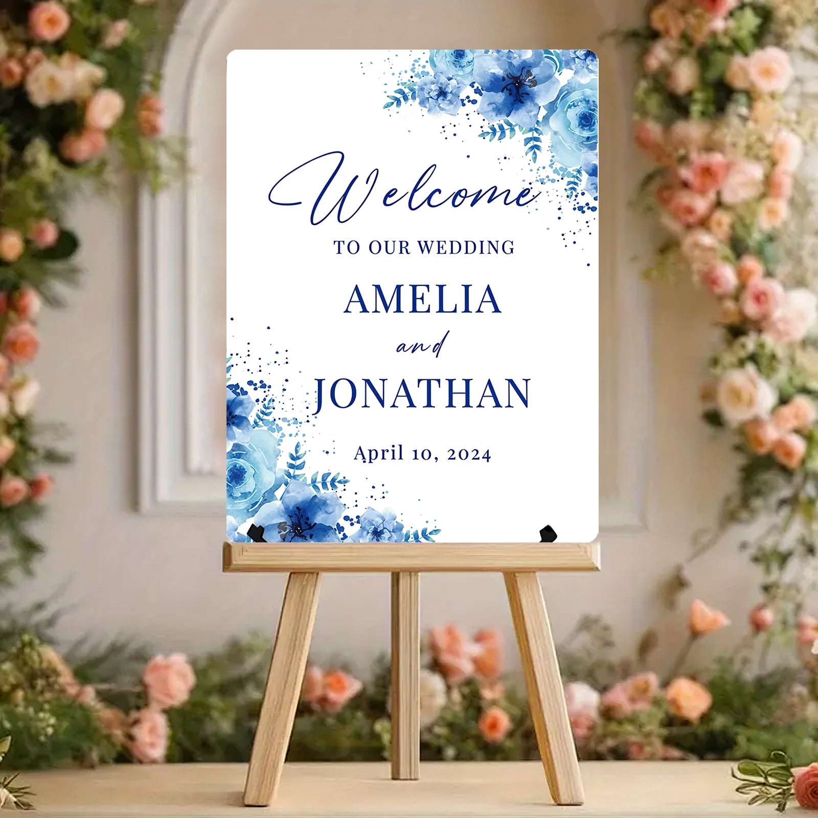 Holiday Welcome Sign, Blue Floral Party Plaque, Outdoor Event Sign ...