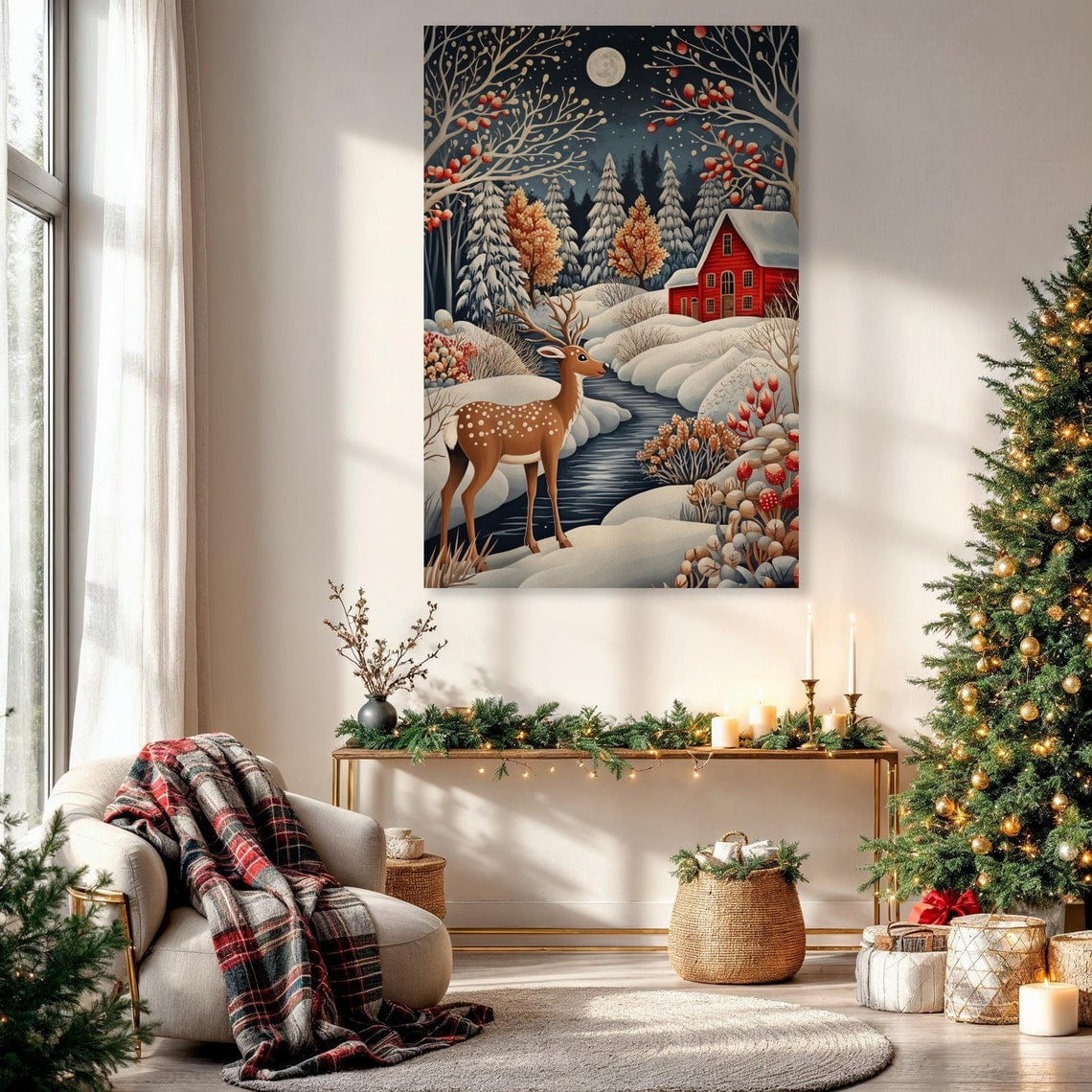 Holiday Winter Landscape Wall Art Festive Cozy Cottage Poster Snowy Winter Holiday Tree Poster ...