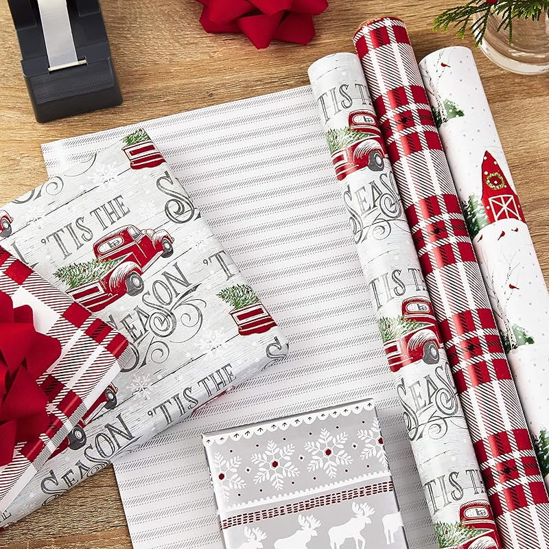 Holiday Wrapping Paper Rolls - Rustic Christmas Gift Wrap Paper (Set of ...