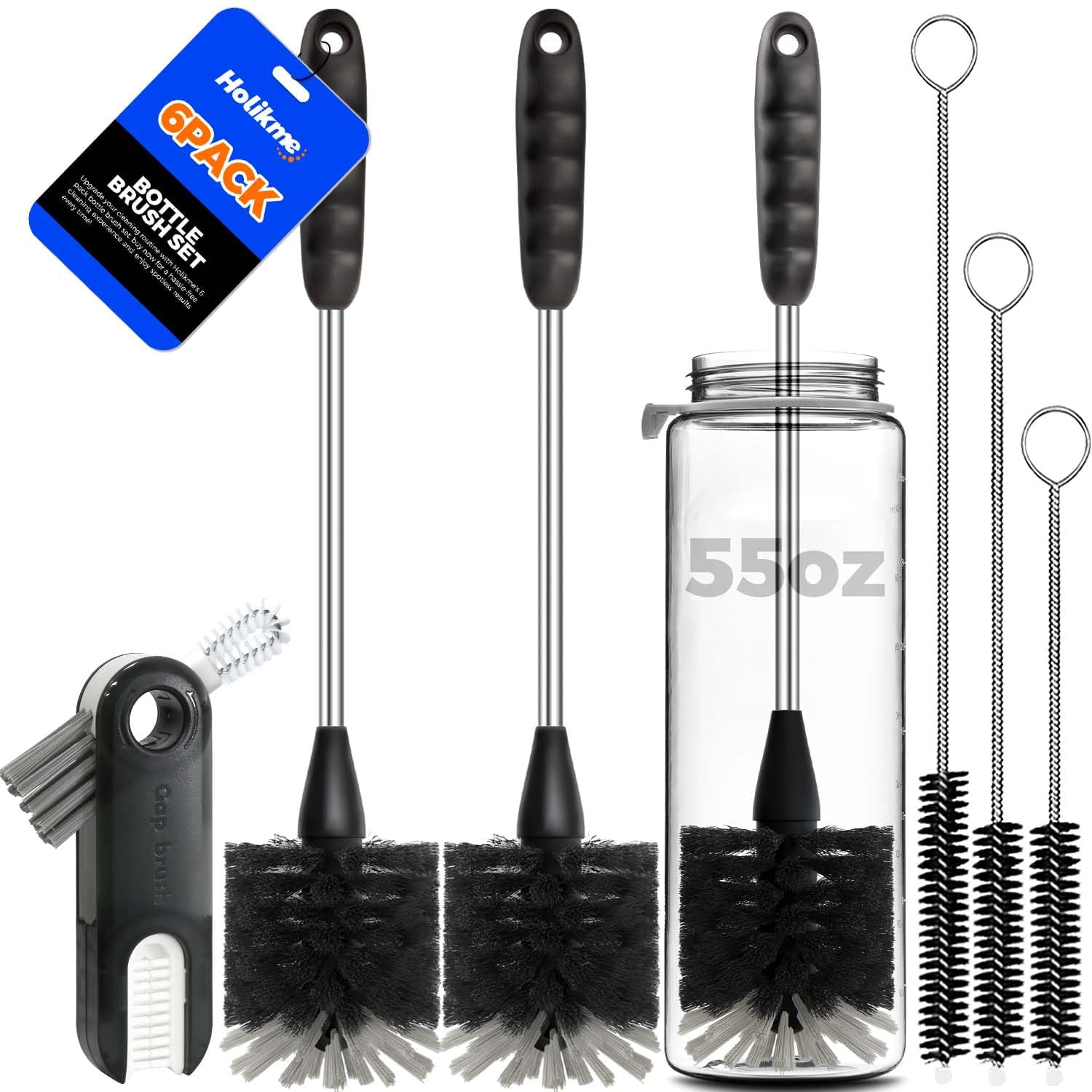Holikme 6 Pack Bottle Brush Set, 14" Long Handle Stainless Steel Bottle ...
