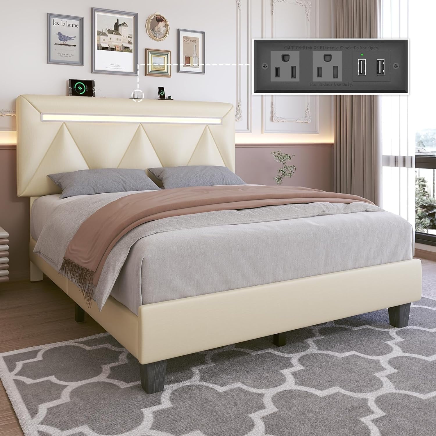 Holiway Full Upholstered Bed Frame with Adjustable Headboard, LED Bed ...
